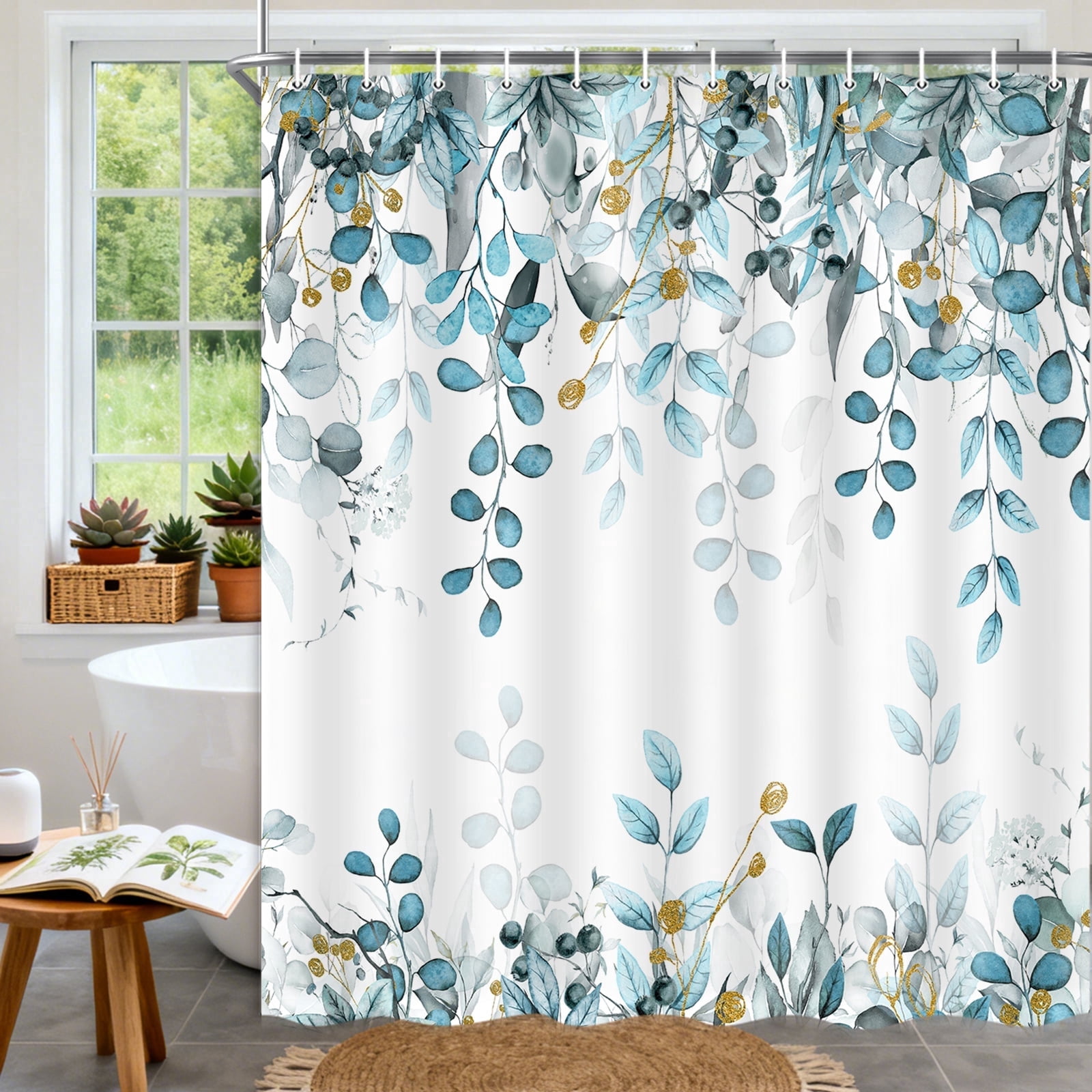 Teal Blue Eucalyptus Leaves Shower Curtain, Watercolor Floral Nature ...