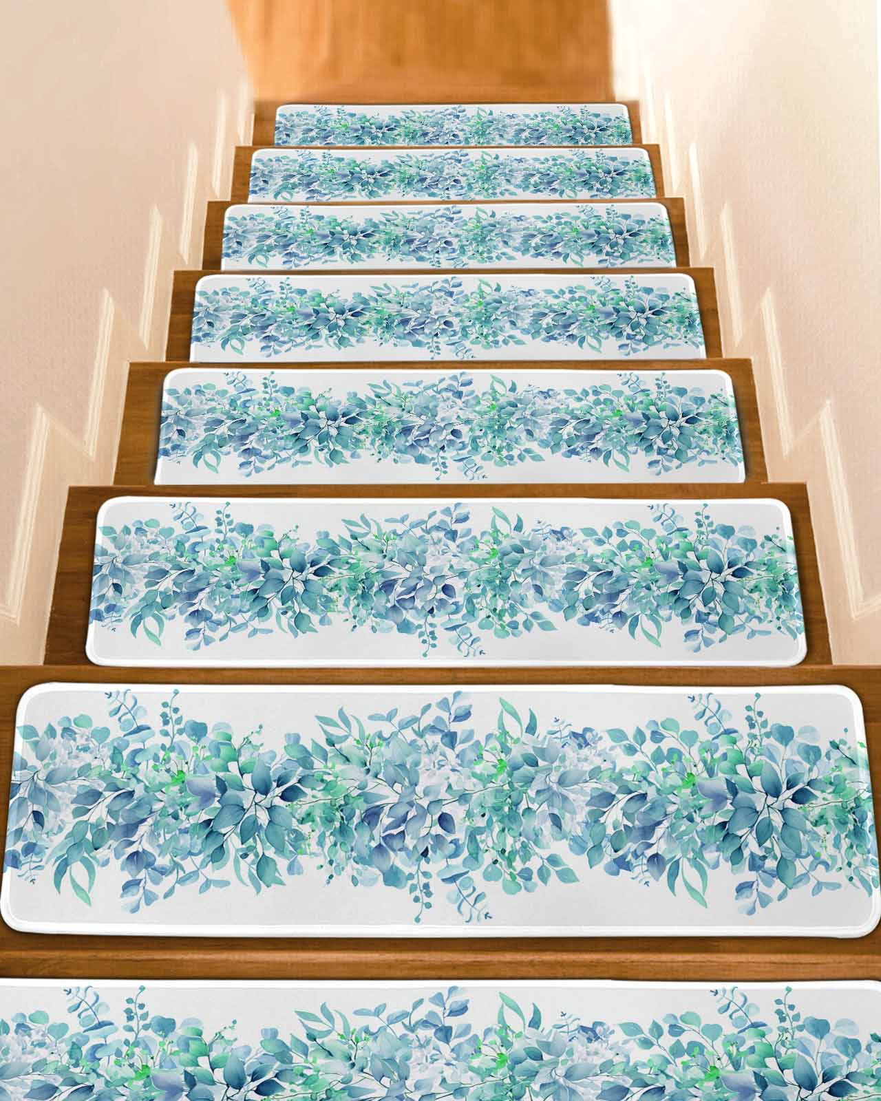 Teal Blue Eucalyptus Leaves Stair Treads for Wooden Steps Indoor Runner ...
