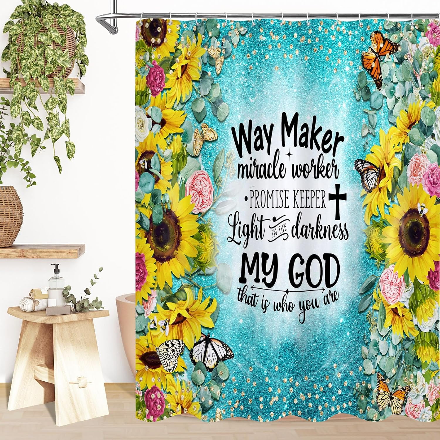 Teal Blue Floral Bible Verse Quotes Shower Curtain, Rustic Christian ...
