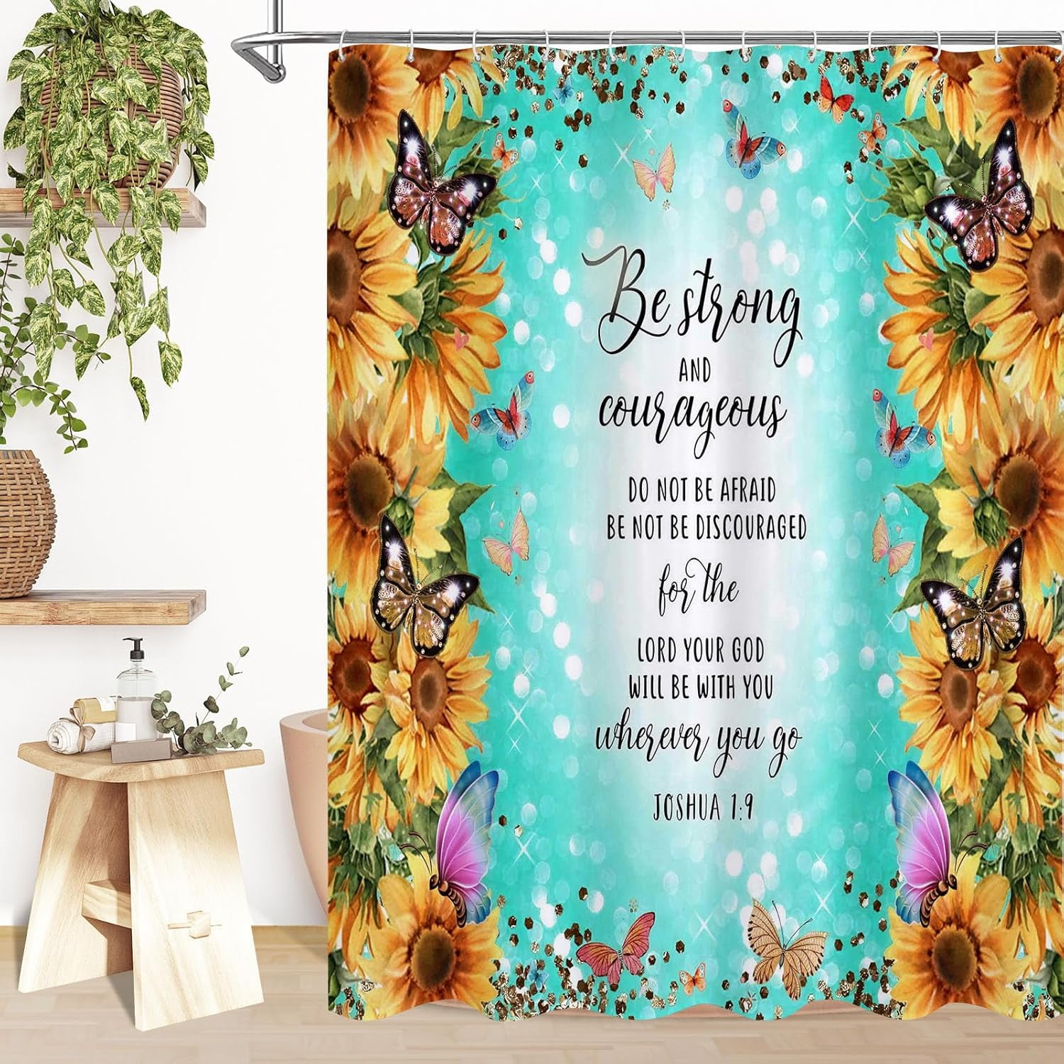 Teal Blue Floral Bible Verse Quotes Shower Curtain, Turquoise green ...