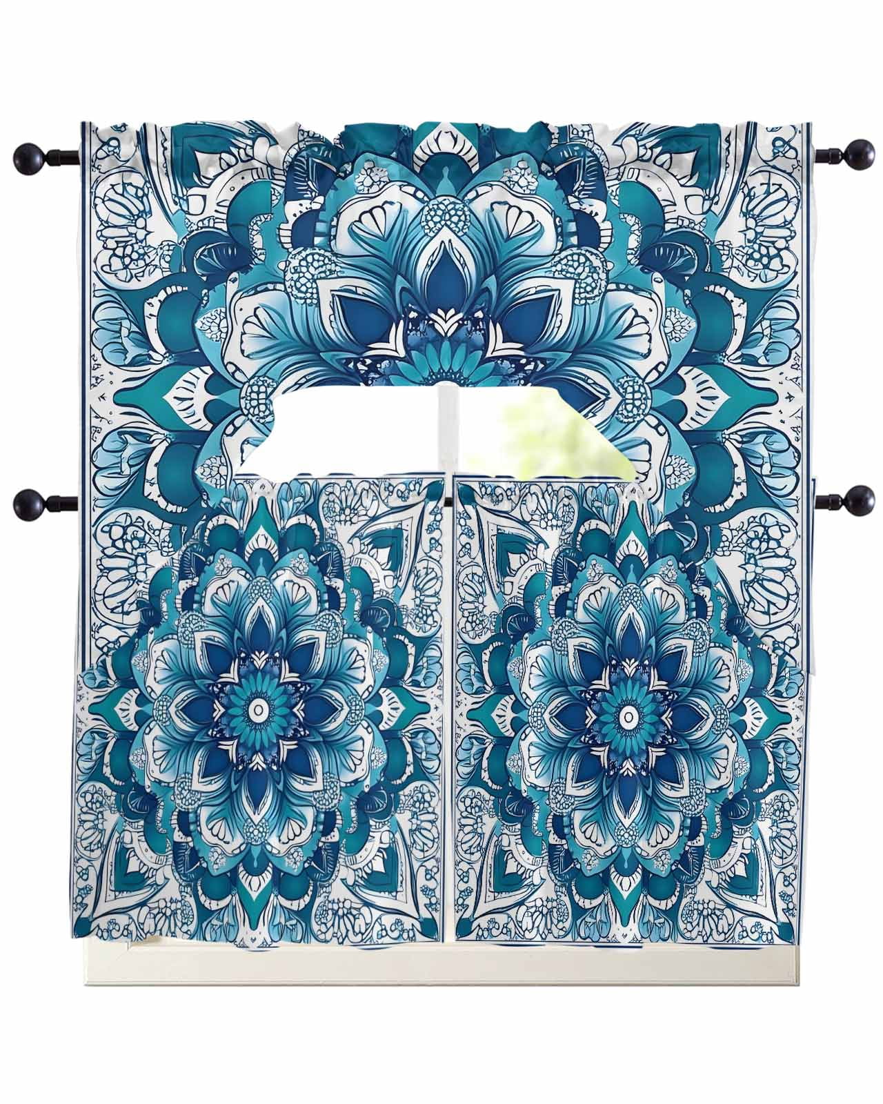 Teal Blue Floral Boho Kitchen Curtains Sets 36 Inch Length with Valance ...