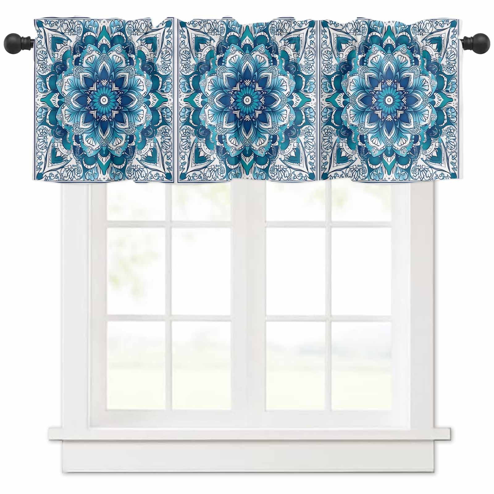 Teal Blue Floral Boho Valances for Windows Farmhouse Kitchen Curtains ...