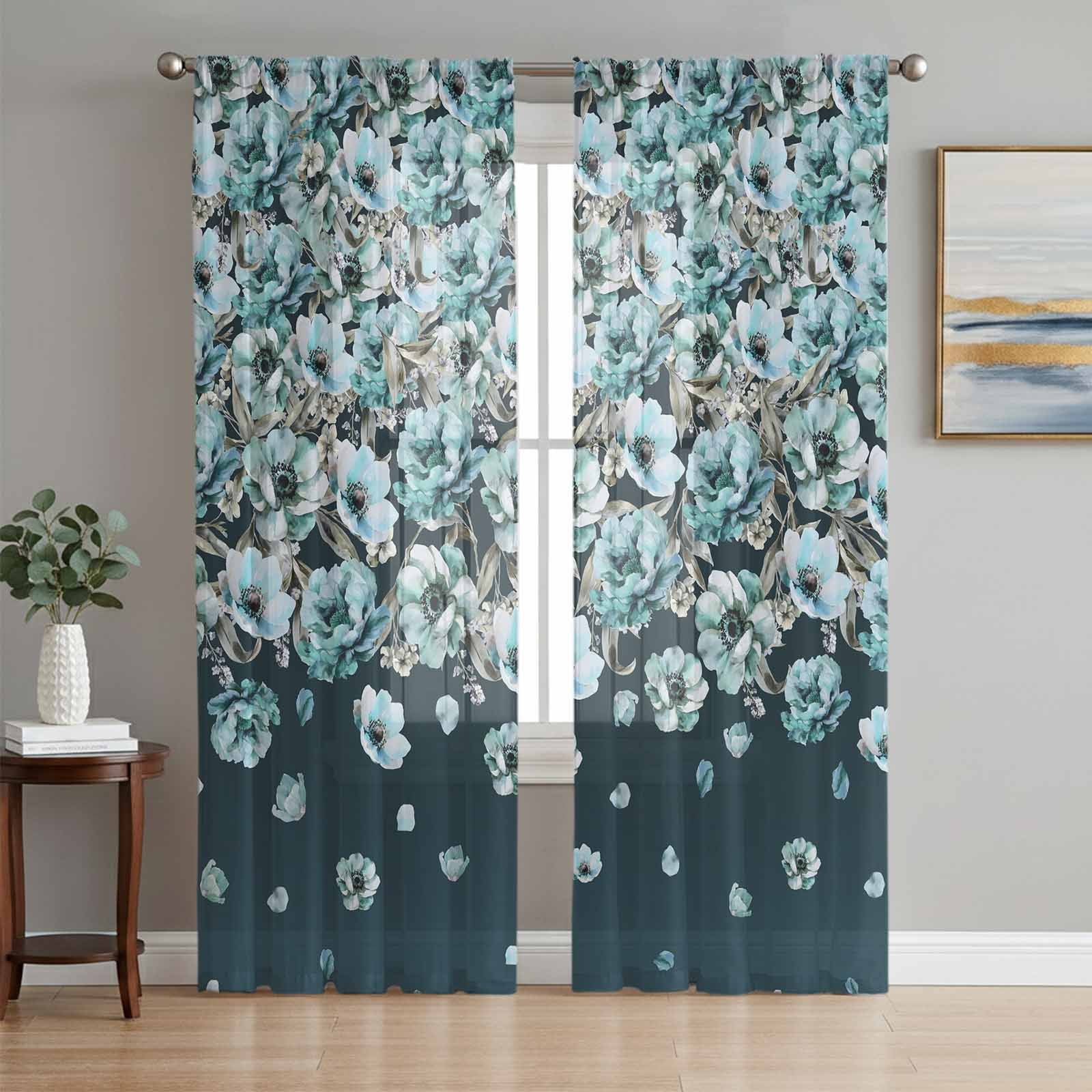 Teal Blue Floral Sheer Curtains 72 Inch Length 2 Panels Set, Farmhouse ...