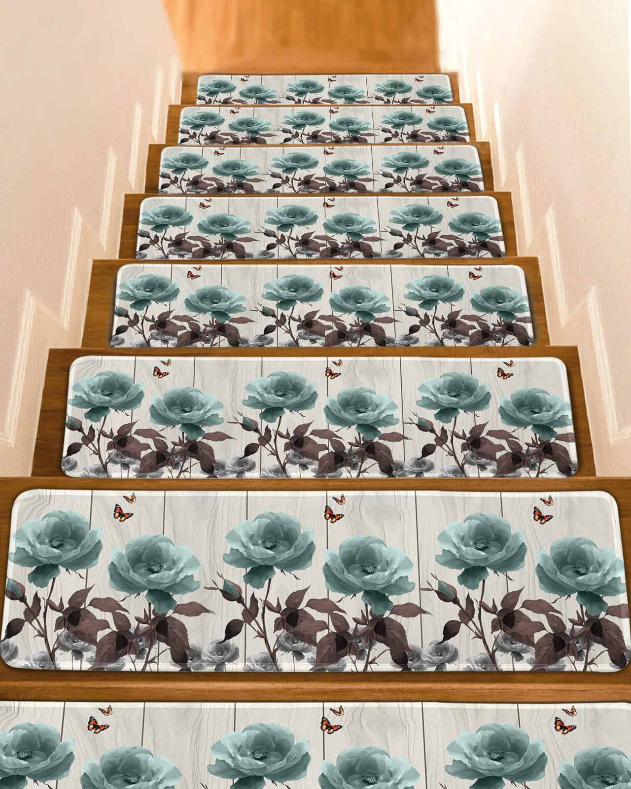 Teal Blue Floral Stair Treads for Wooden Steps Indoor Runner Rug Carpet ...
