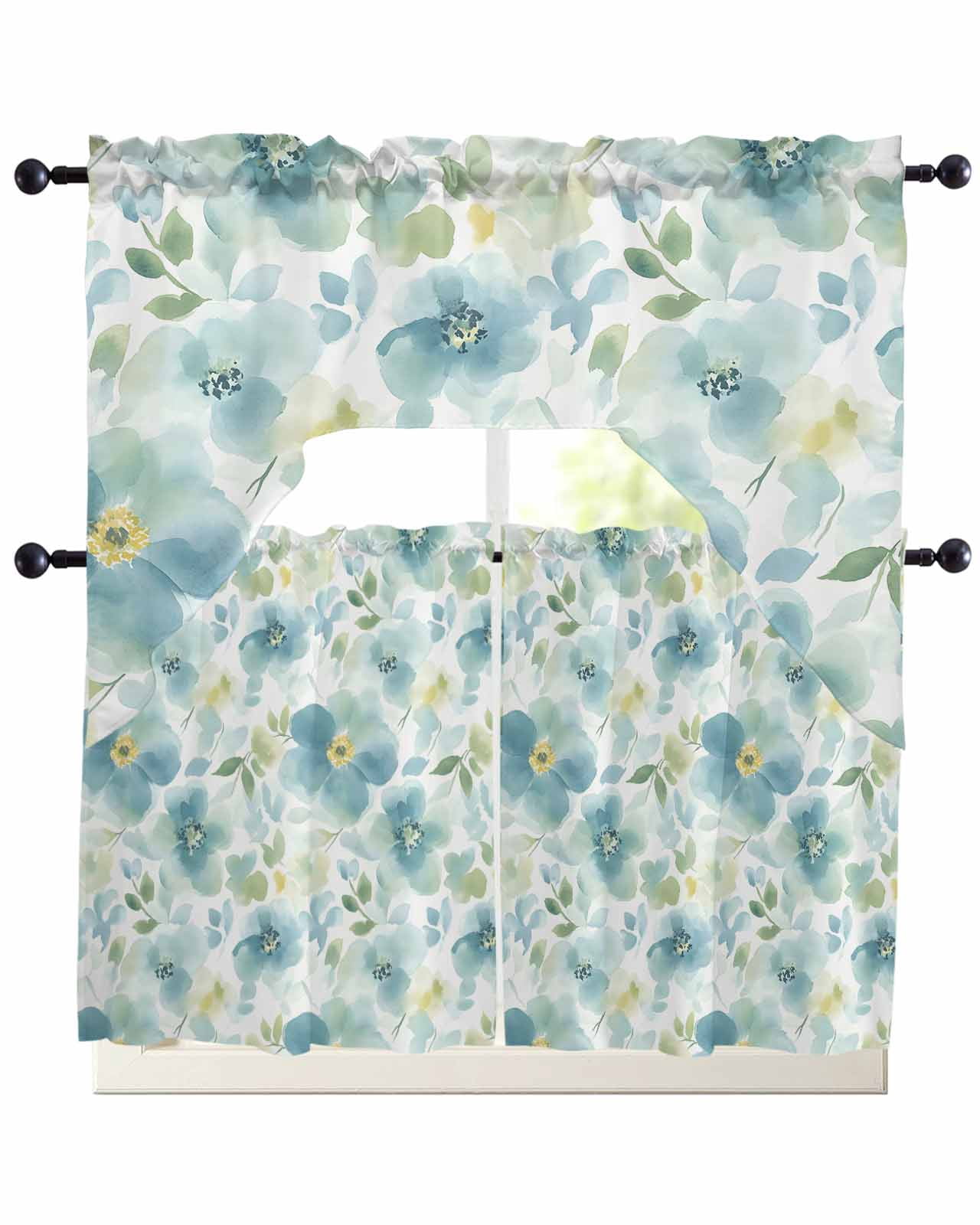 Teal Blue Flower Kitchen Curtains Sets 24 Inch Length with Valance ...