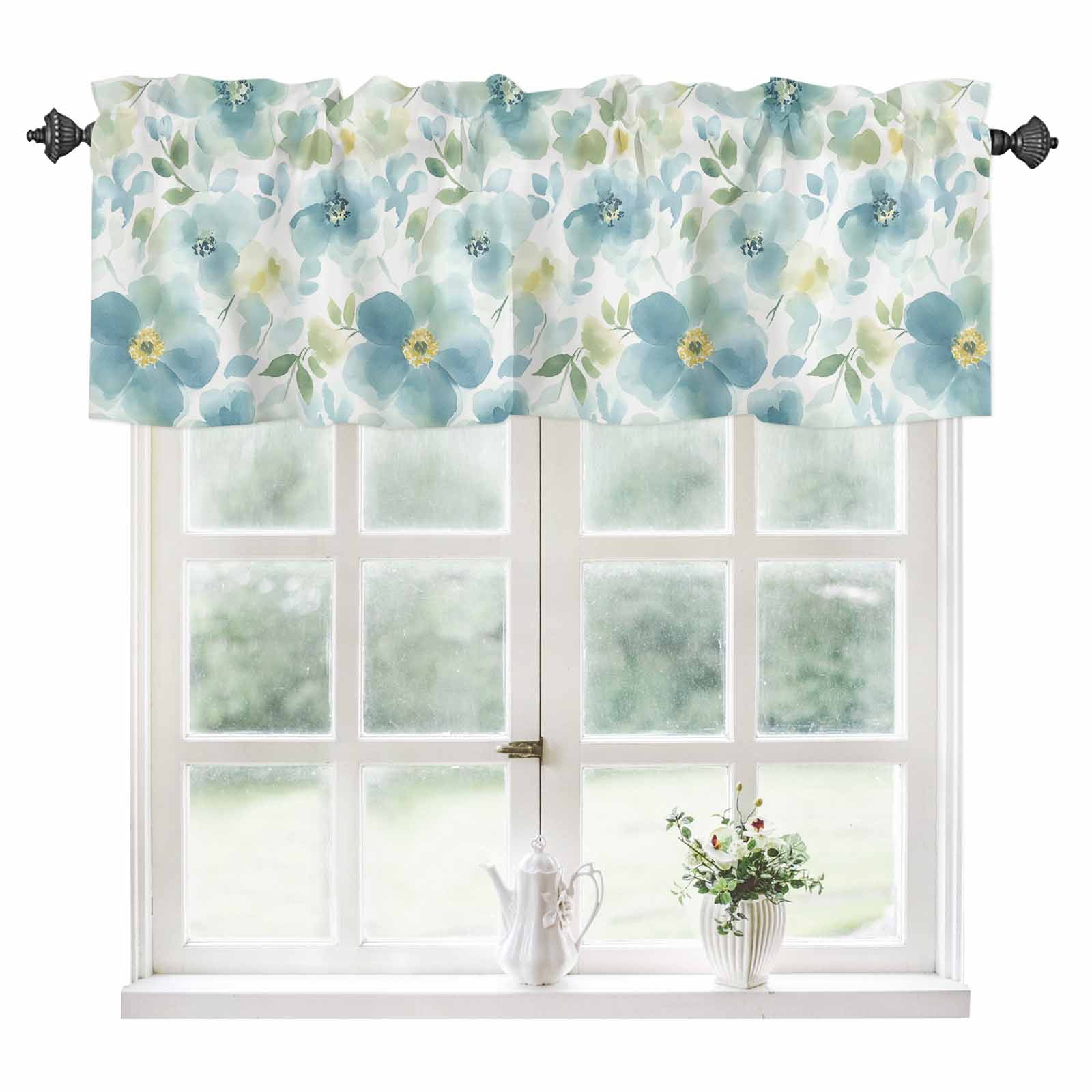 Teal Blue Flower Kitchen Valances for Windows 42x12 Inch Kitchen ...