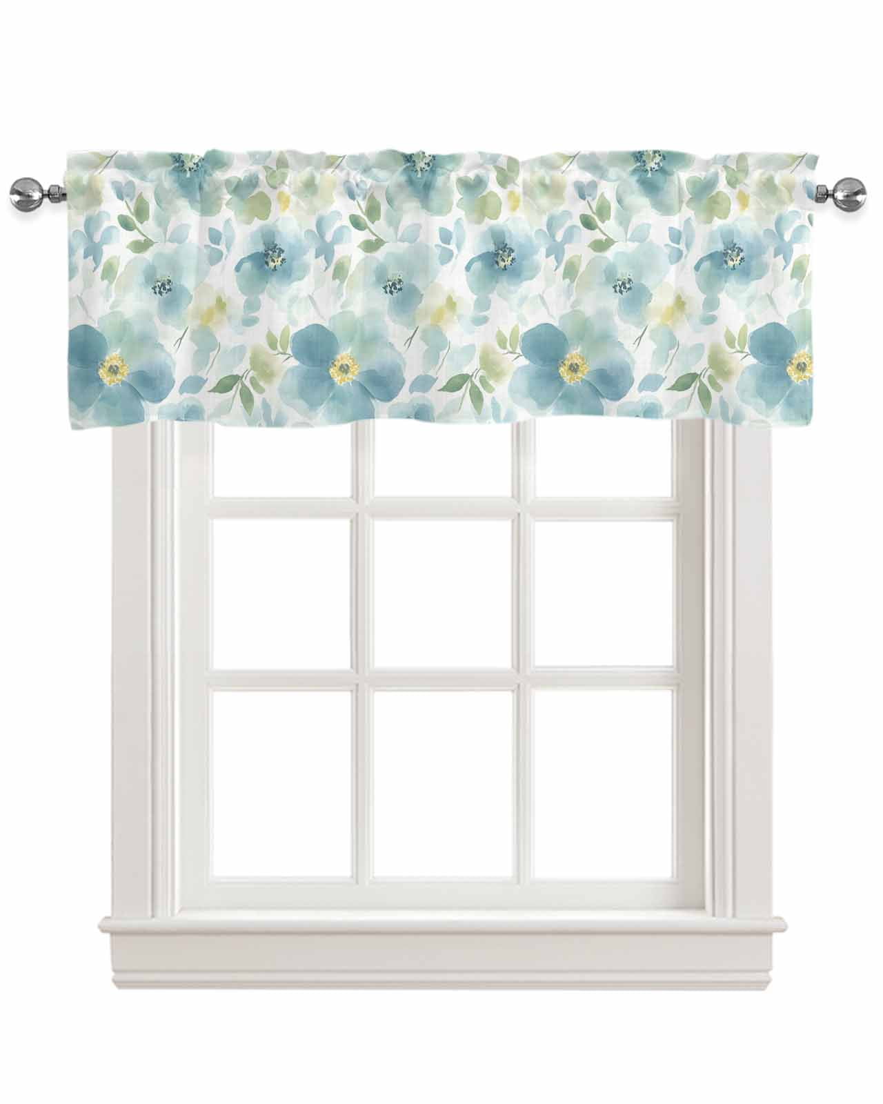 Teal Blue Flower Kitchen Valances for Windows Farmhouse Linen Window ...