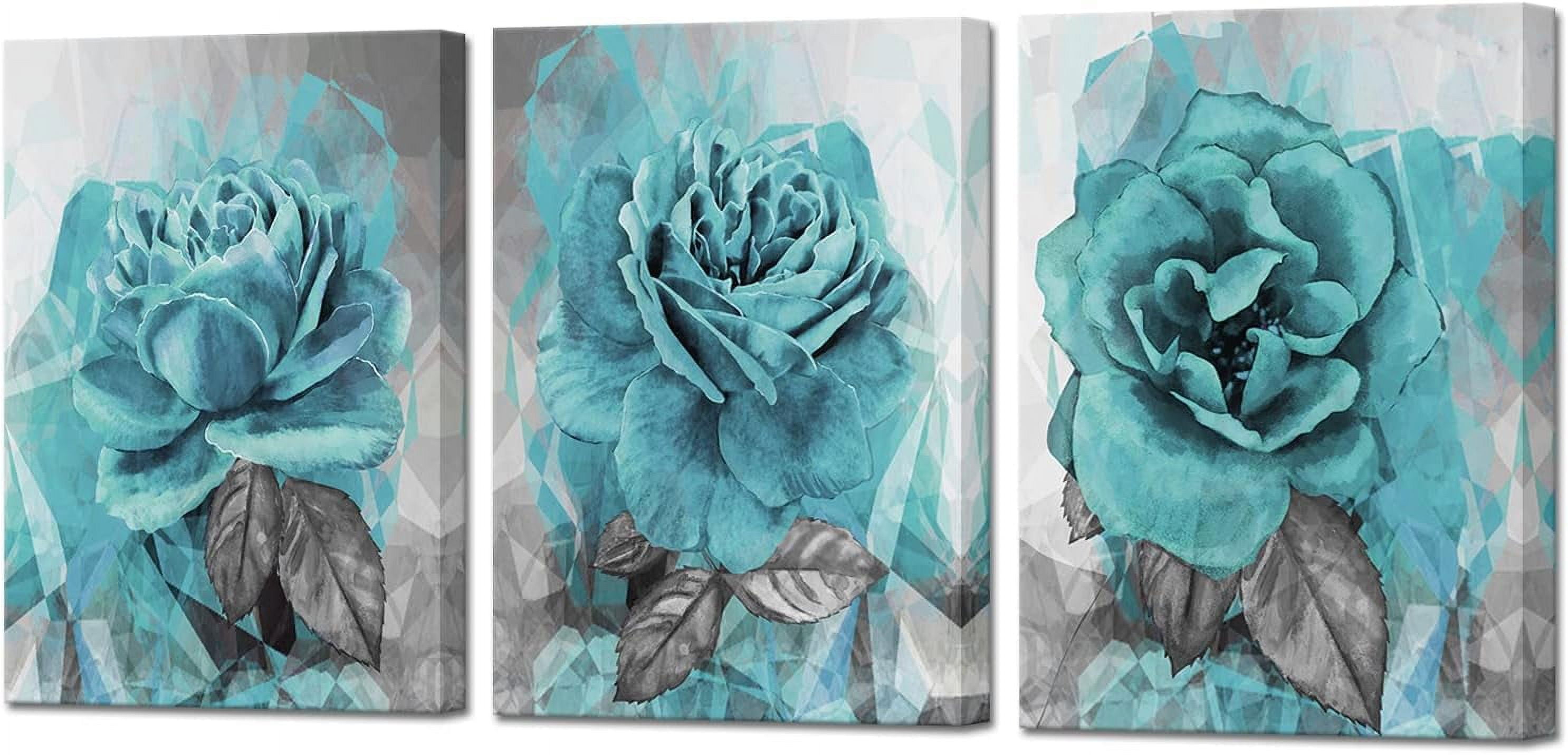 Teal Blue Flower Wall Art Turquoise Rose Painting Canvas Print Bedroom ...