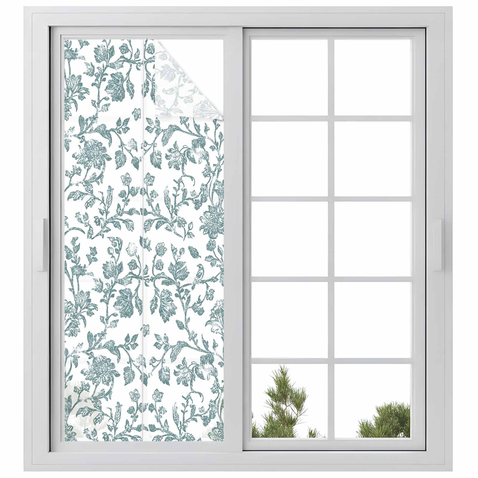 Teal Blue Green Window Privacy Film, Vintage Farmhouse Boho Flower Leaf ...