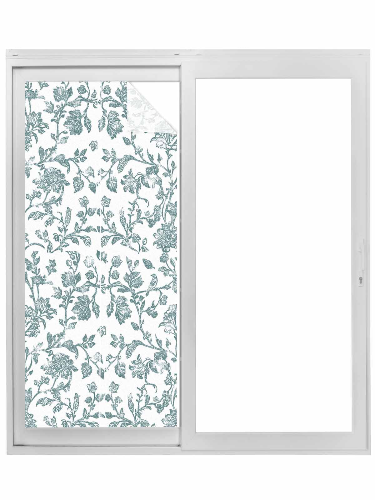 Teal Blue Green Window Privacy Film, Vintage Farmhouse Boho Flower Leaf ...