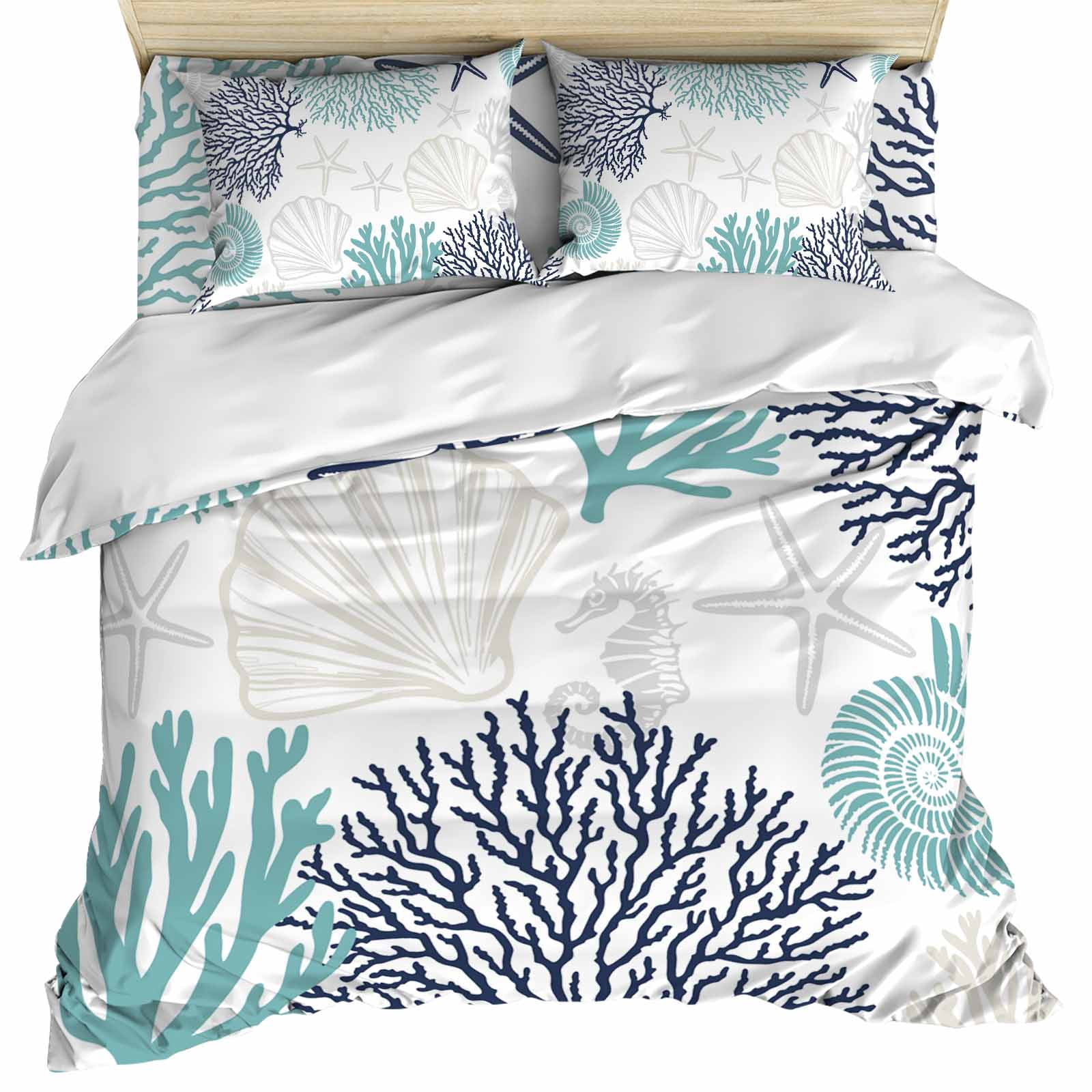 Teal Blue Grey Coastal Duvet Cover Set, Summer Beach Coral Shell ...