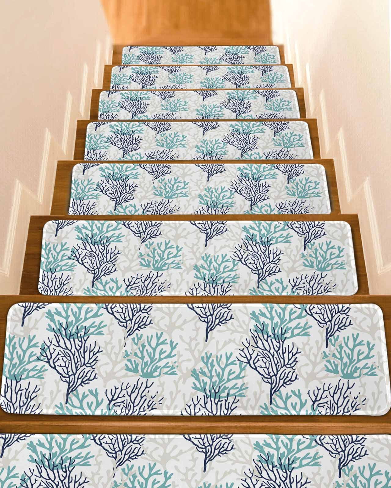 Teal Blue Grey Coral Coastal Stair Treads for Wooden Steps Indoor ...