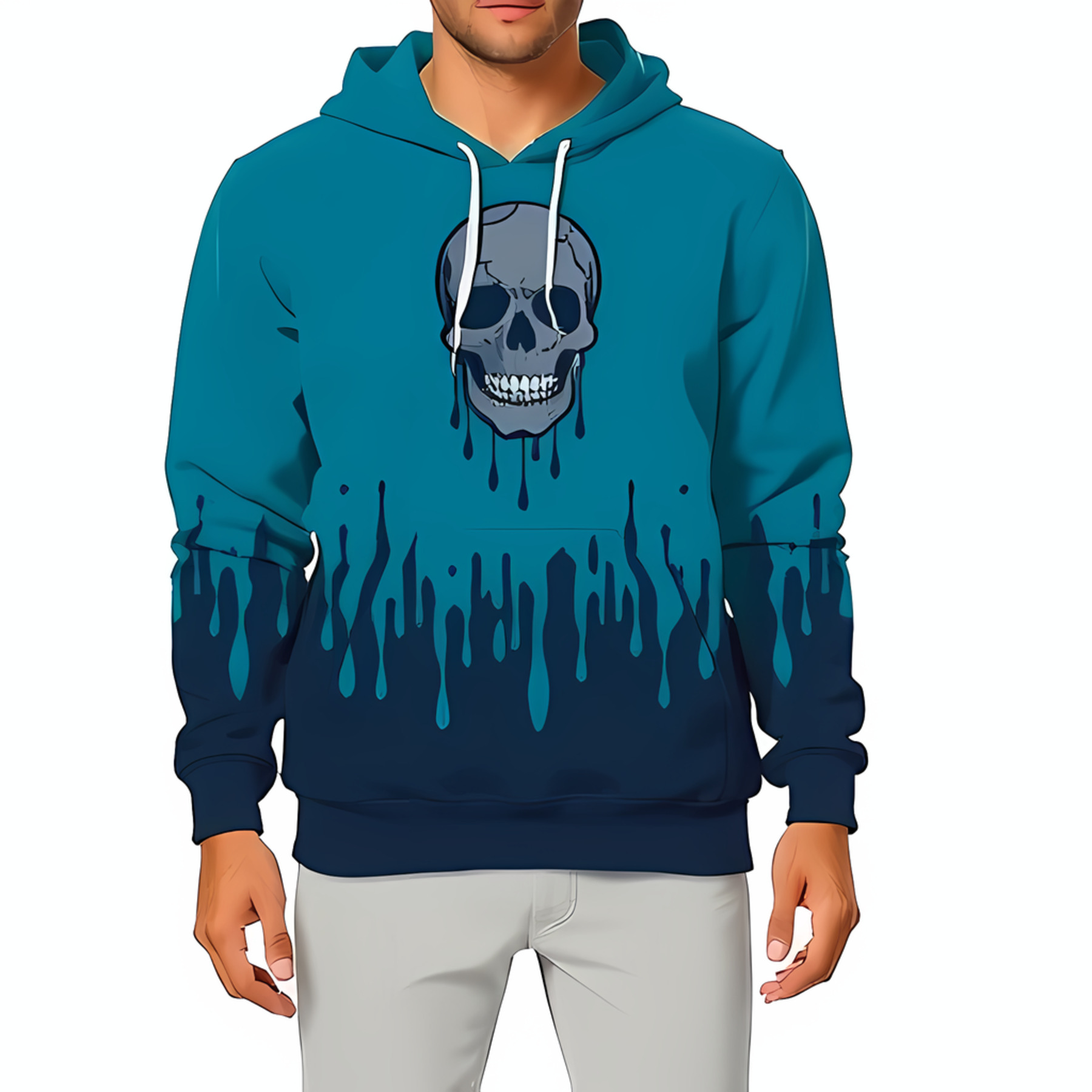 Teal & Blue Hoodie with Graphic Design & Dripping Paint Effect ...