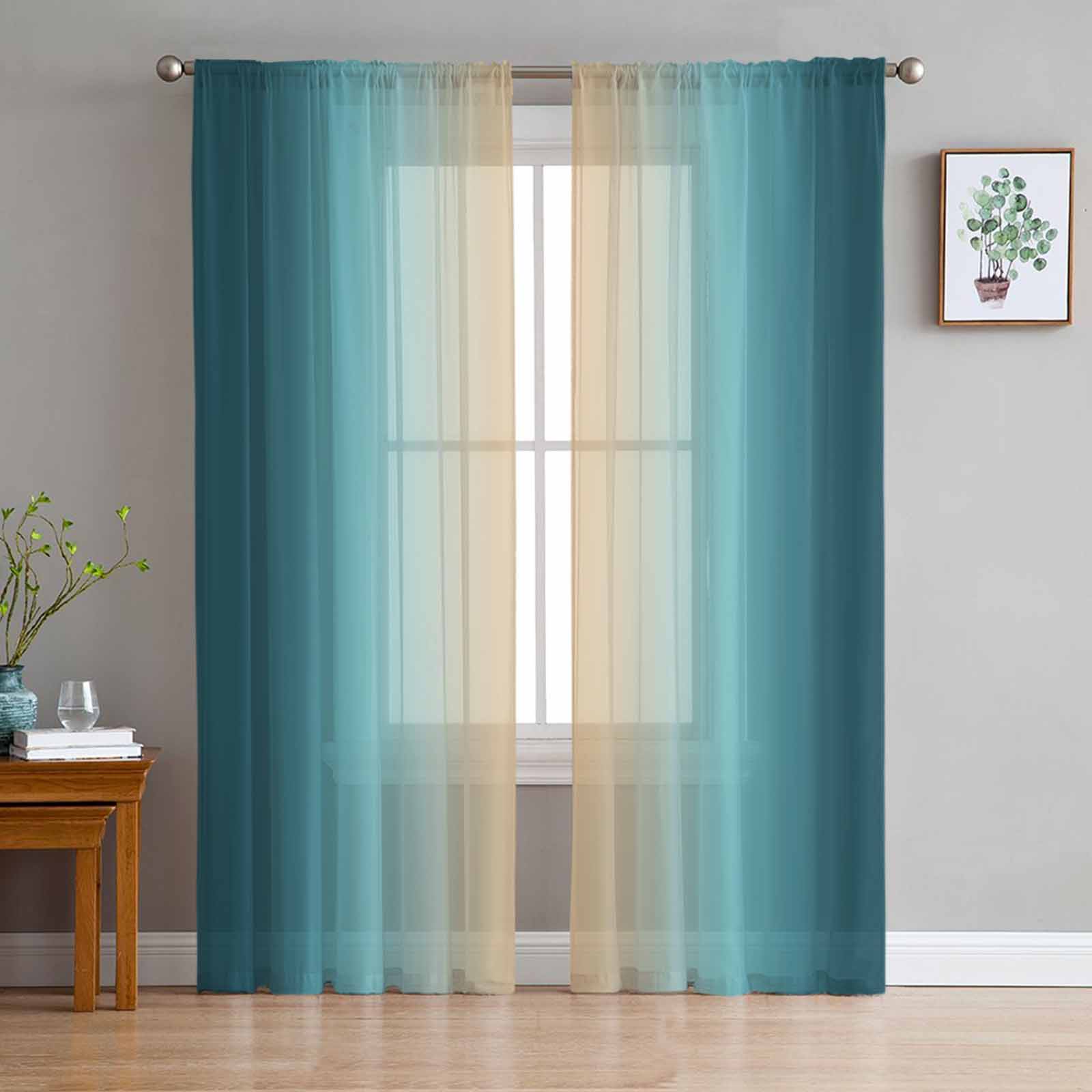 Teal Blue Khaki Ombre Semi Sheer Window Curtains 72 Inches Long, Modern ...
