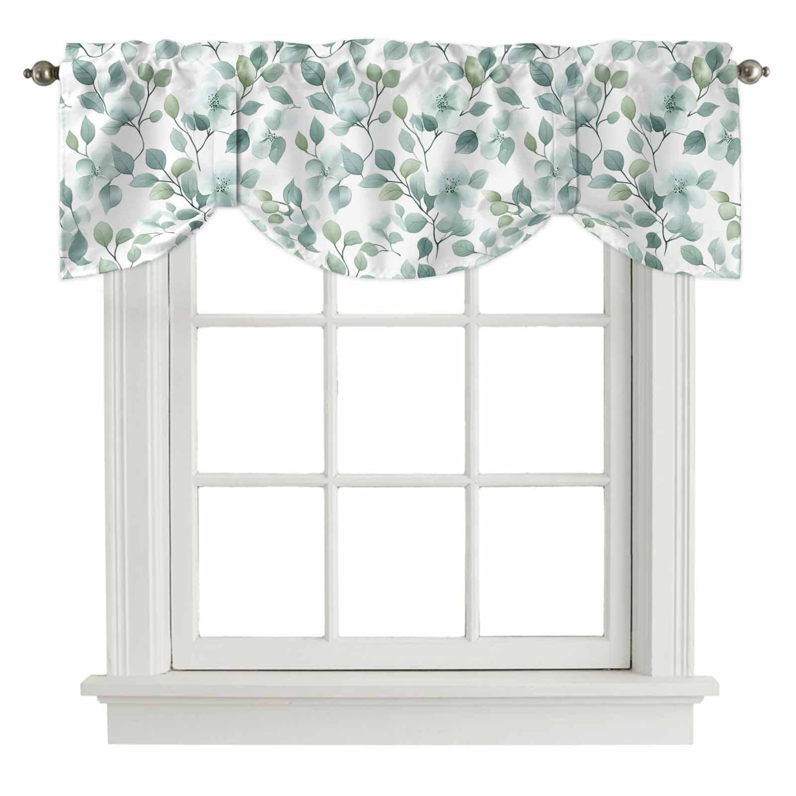 Teal Blue Leaves Tie Up Valance Curtains for Windows, Kitchen Curtains ...