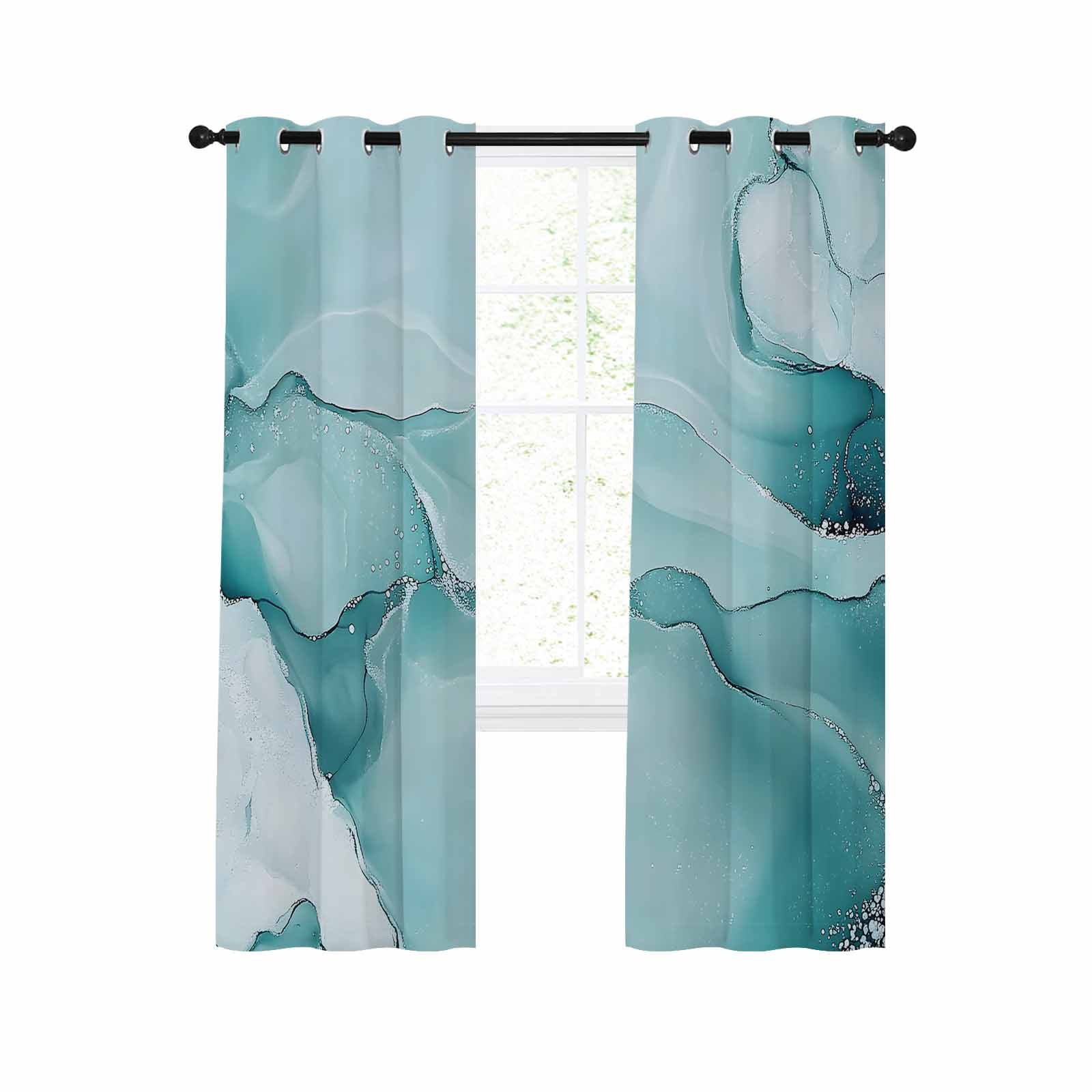 Teal Blue Marble Blackout Curtains 45 Inches Long for Bedroom, Marble ...