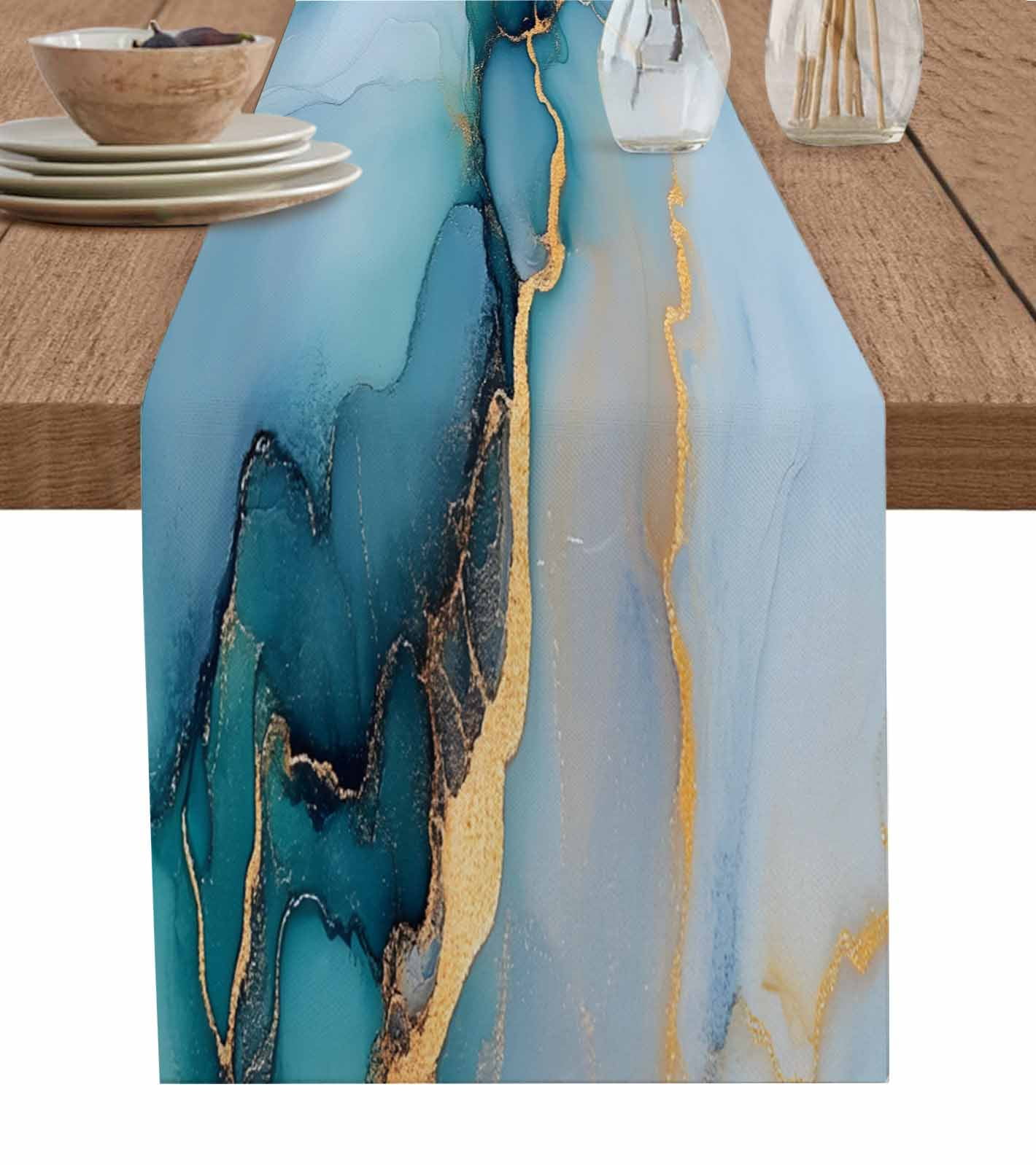Teal Blue Marble Burlap Cotton Table Runner 13x70 Inches Long, Abstract ...