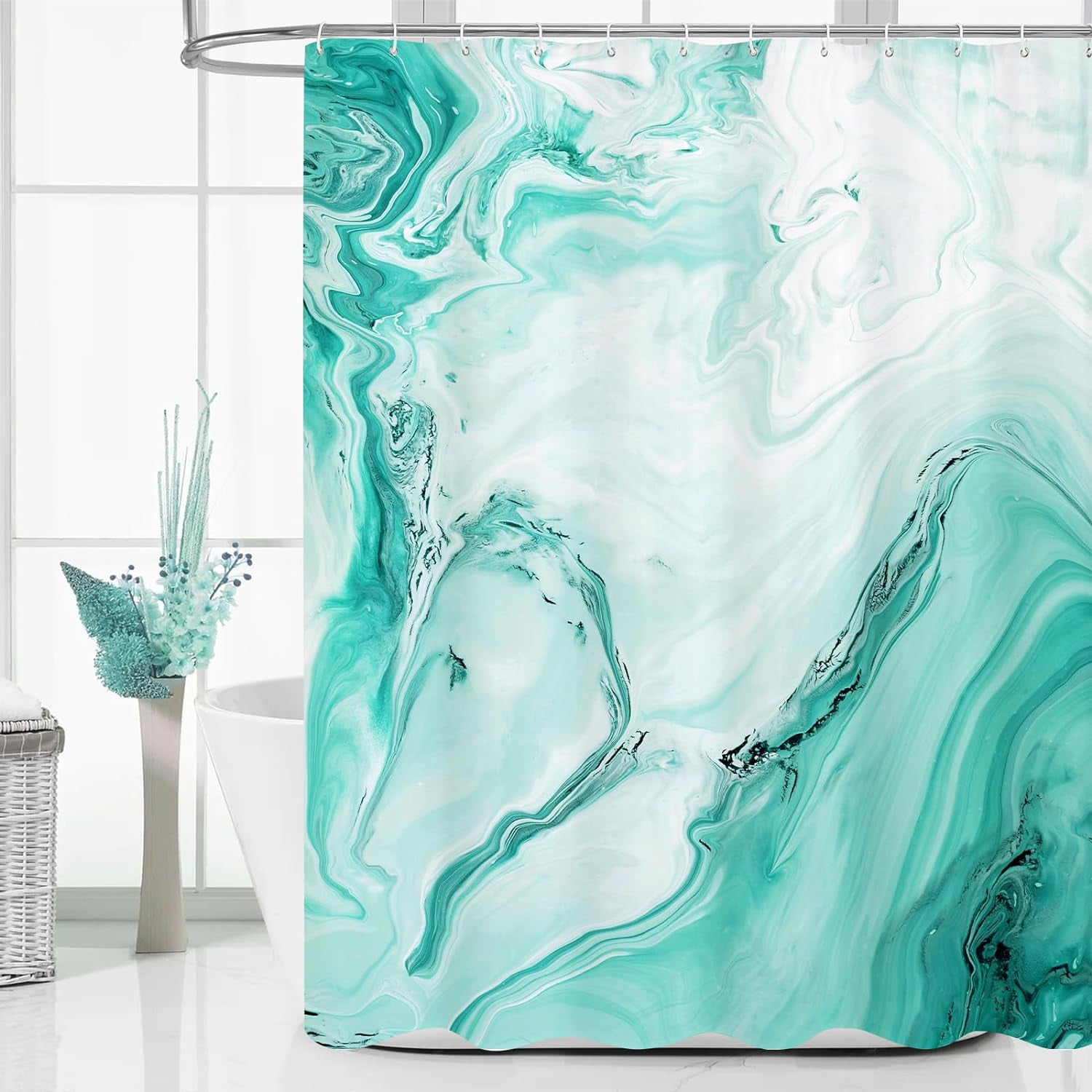 Teal Blue Marble Extra Long Shower Curtain Set 72 x 84, Modern Ombre 84 ...