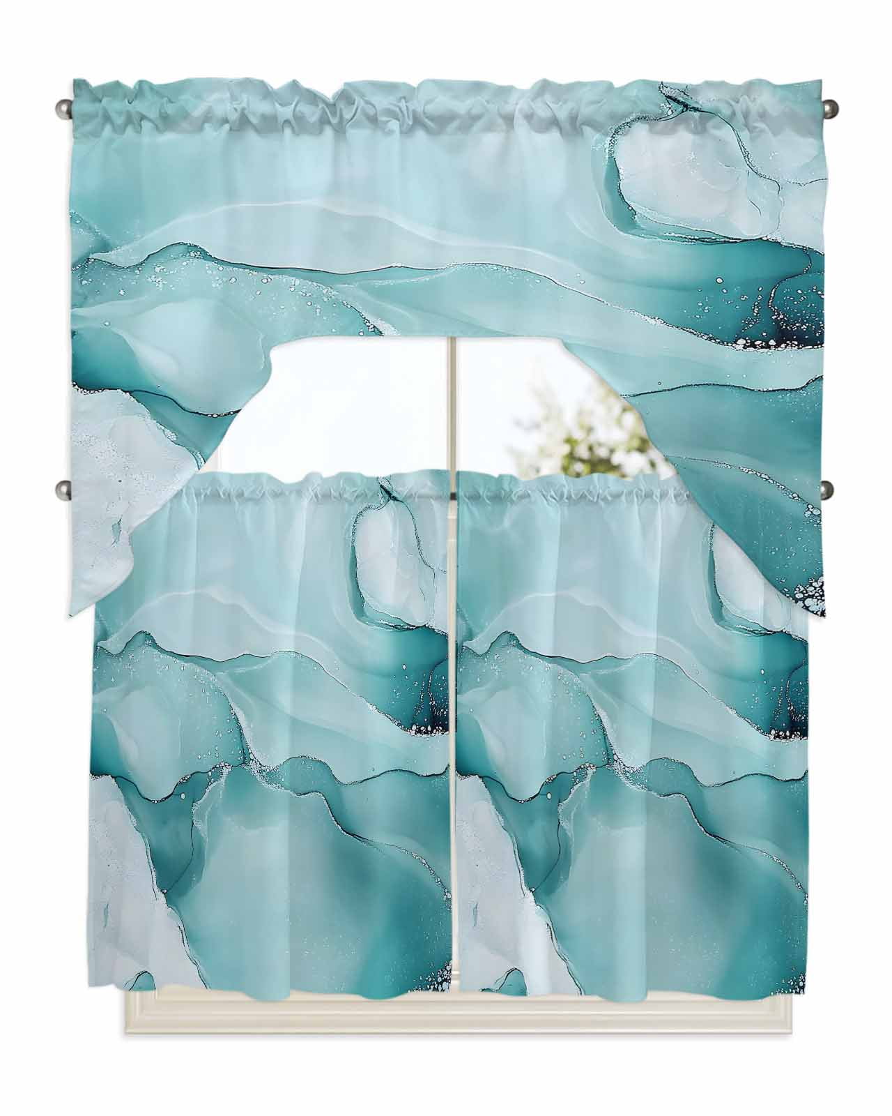 Teal Blue Marble Kitchen Curtains Swag Valance and Tier Curtains Set 36 ...