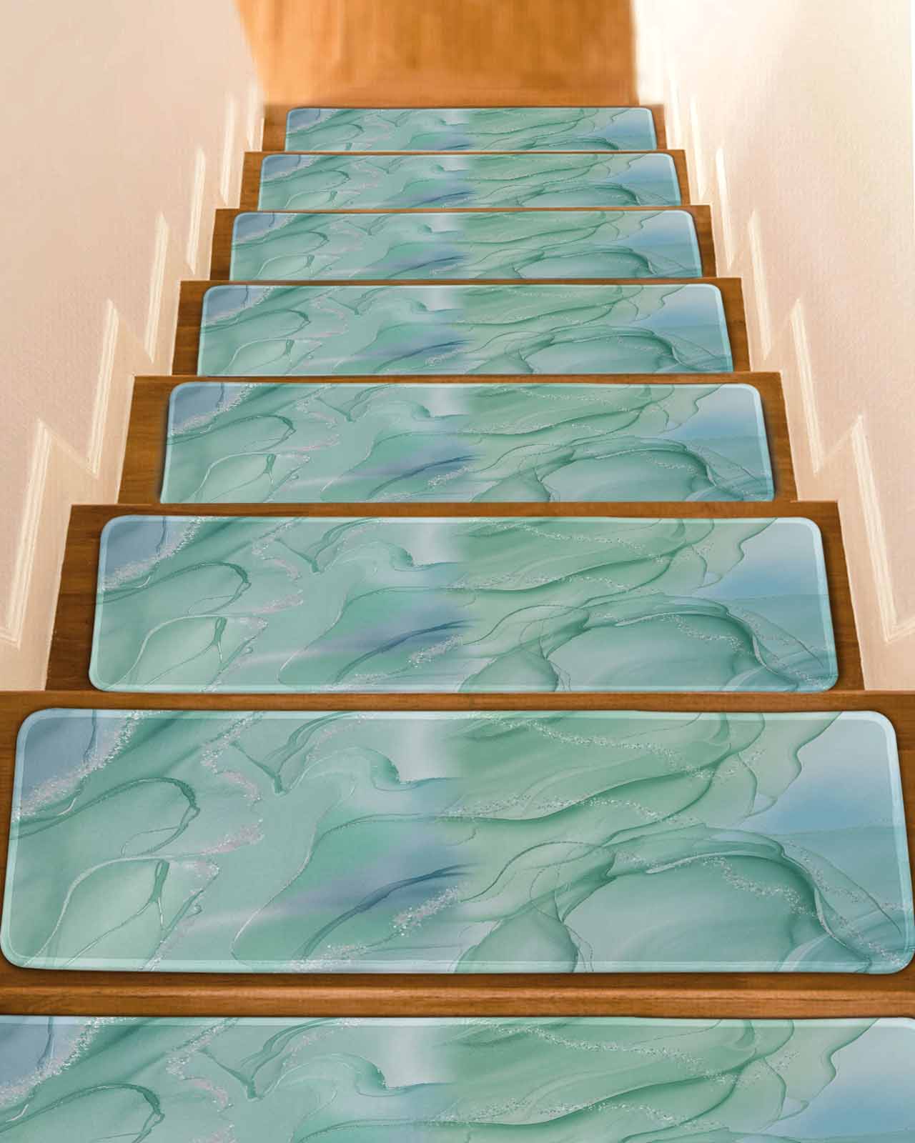 Teal Blue Marble Non-Slip Stair Treads for Wooden Steps, 10 Pack-8x30in ...