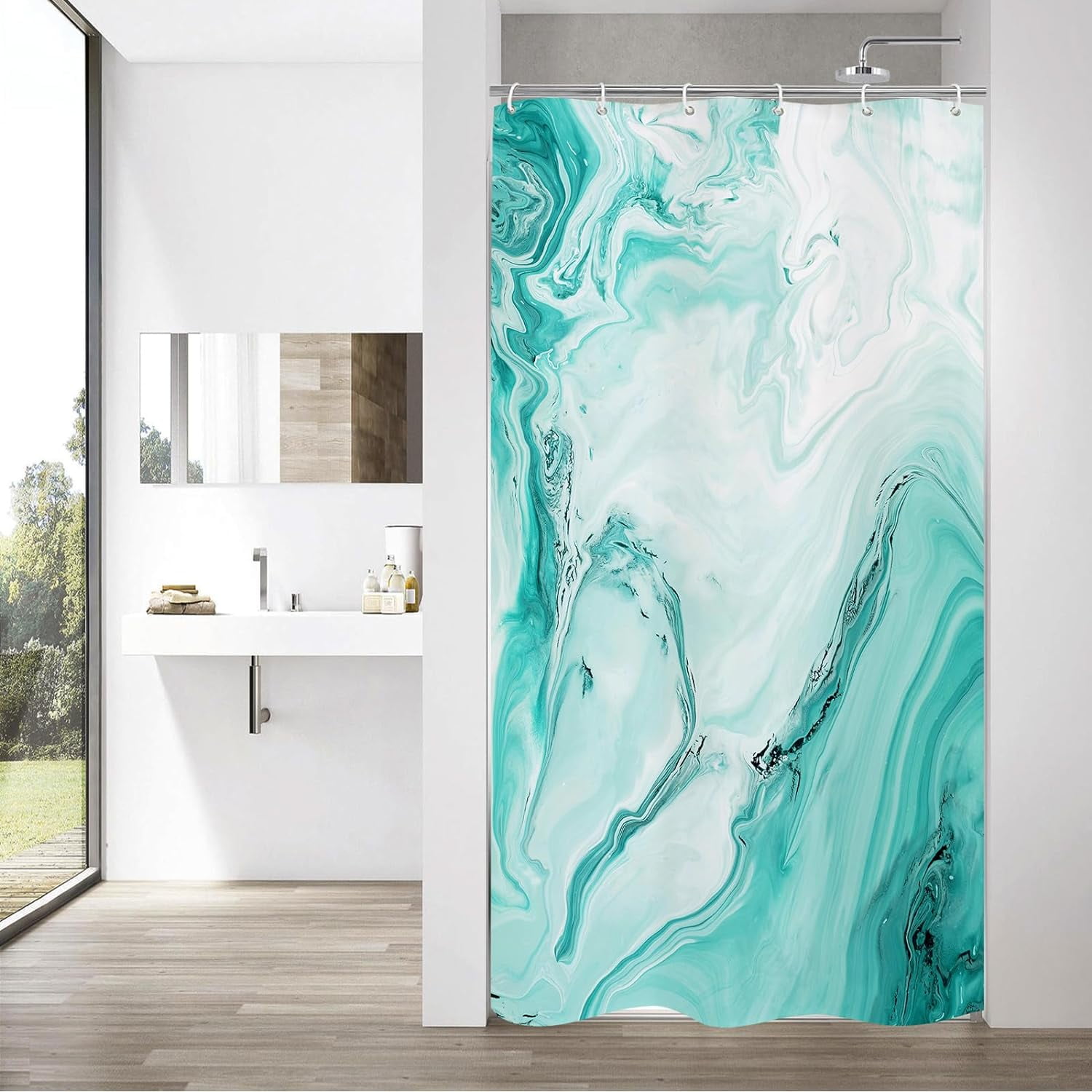 Teal Blue Marble Small Stall Shower Curtain 36 x 72, Abstract Ombre ...