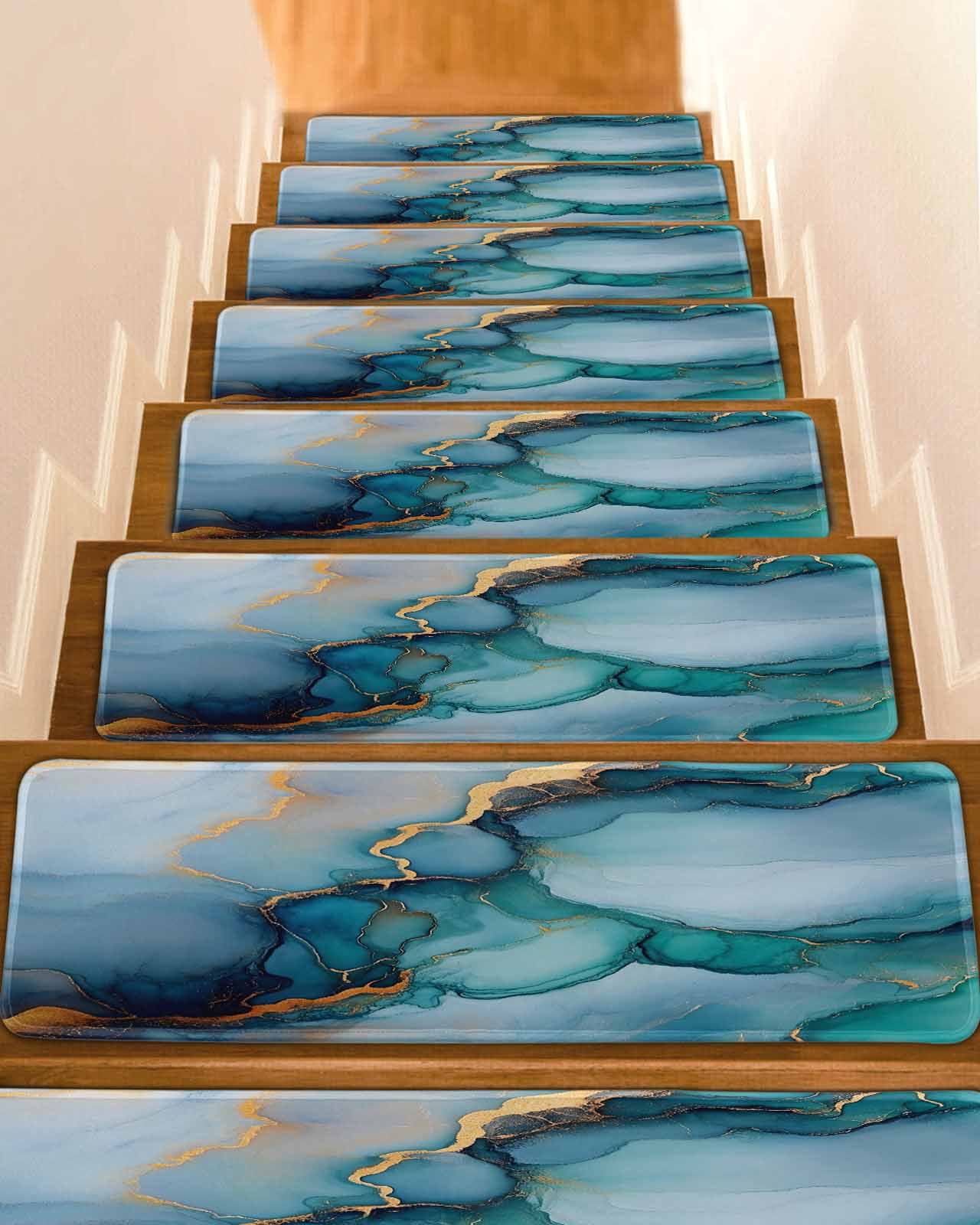 Teal Blue Marble Stair Treads for Wooden Steps Indoor Runner Rug Carpet ...