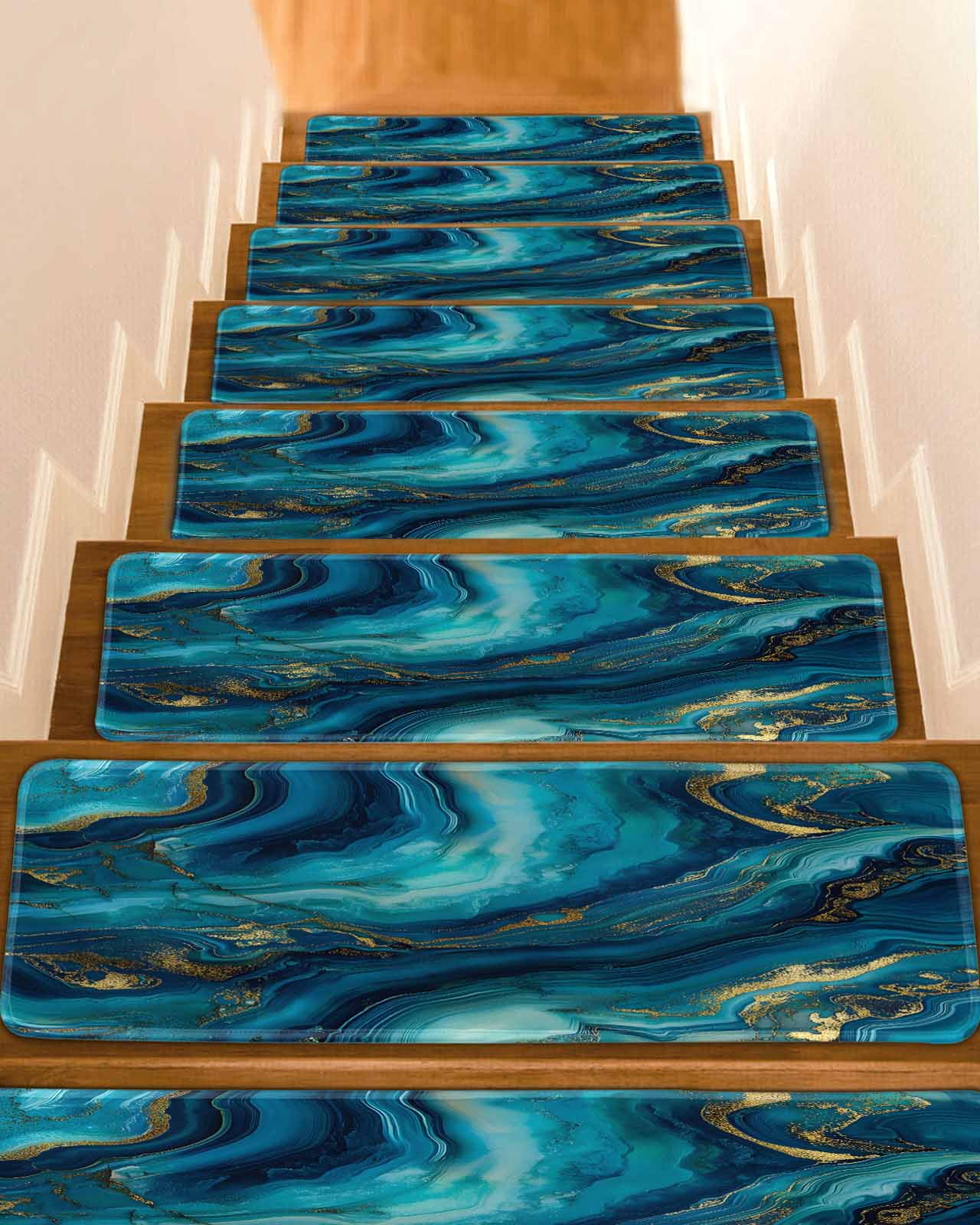 Teal Blue Marble Stair Treads for Wooden Steps Indoor Runner Rug Carpet ...