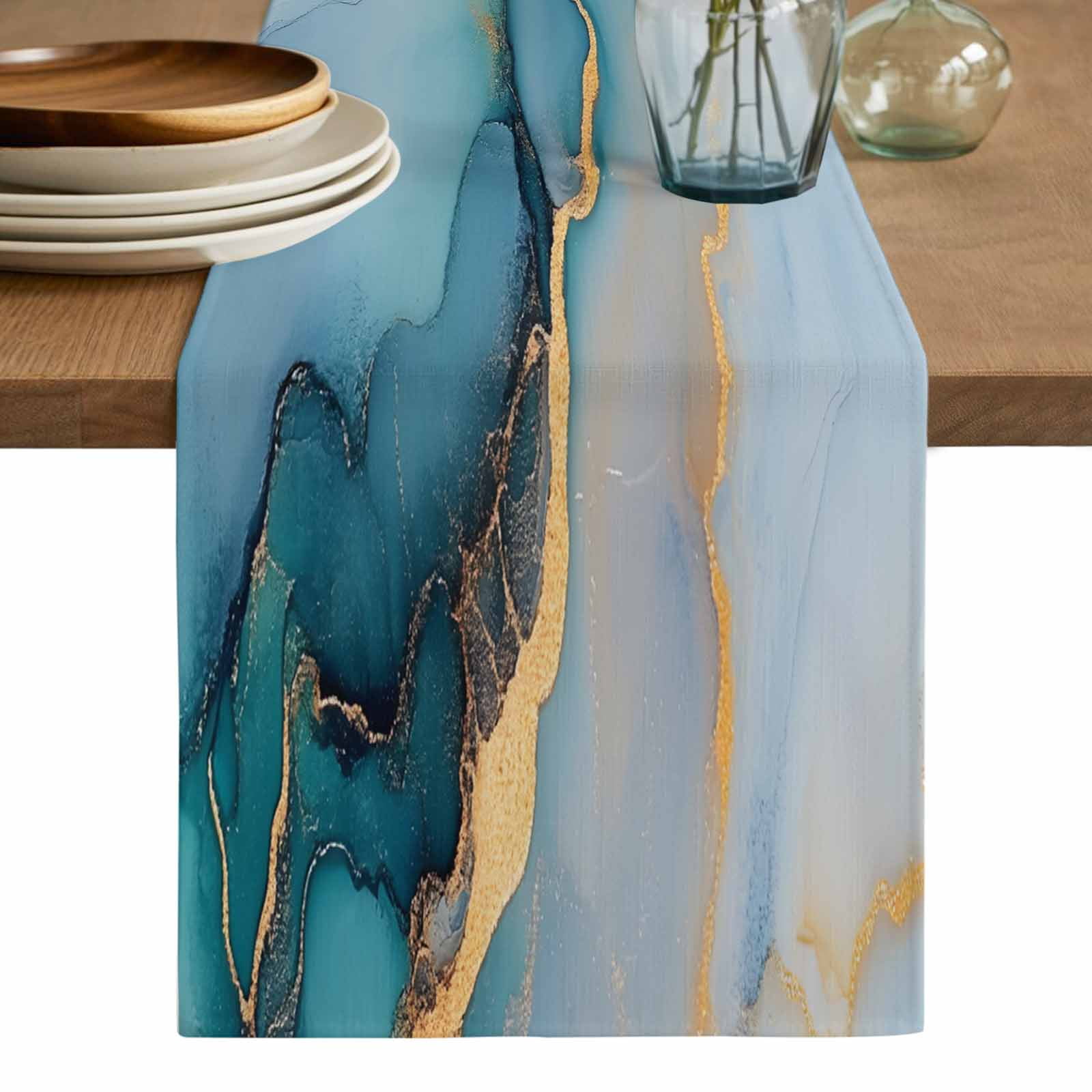 Teal Blue Marble Table Runner, Abstract Artwork Aesthetic Washable ...