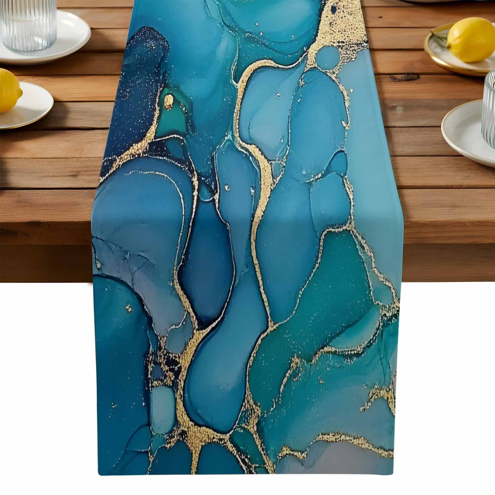 Teal Blue Marble Table Runner, Gradient Golden Fluid Texture Kitchen ...
