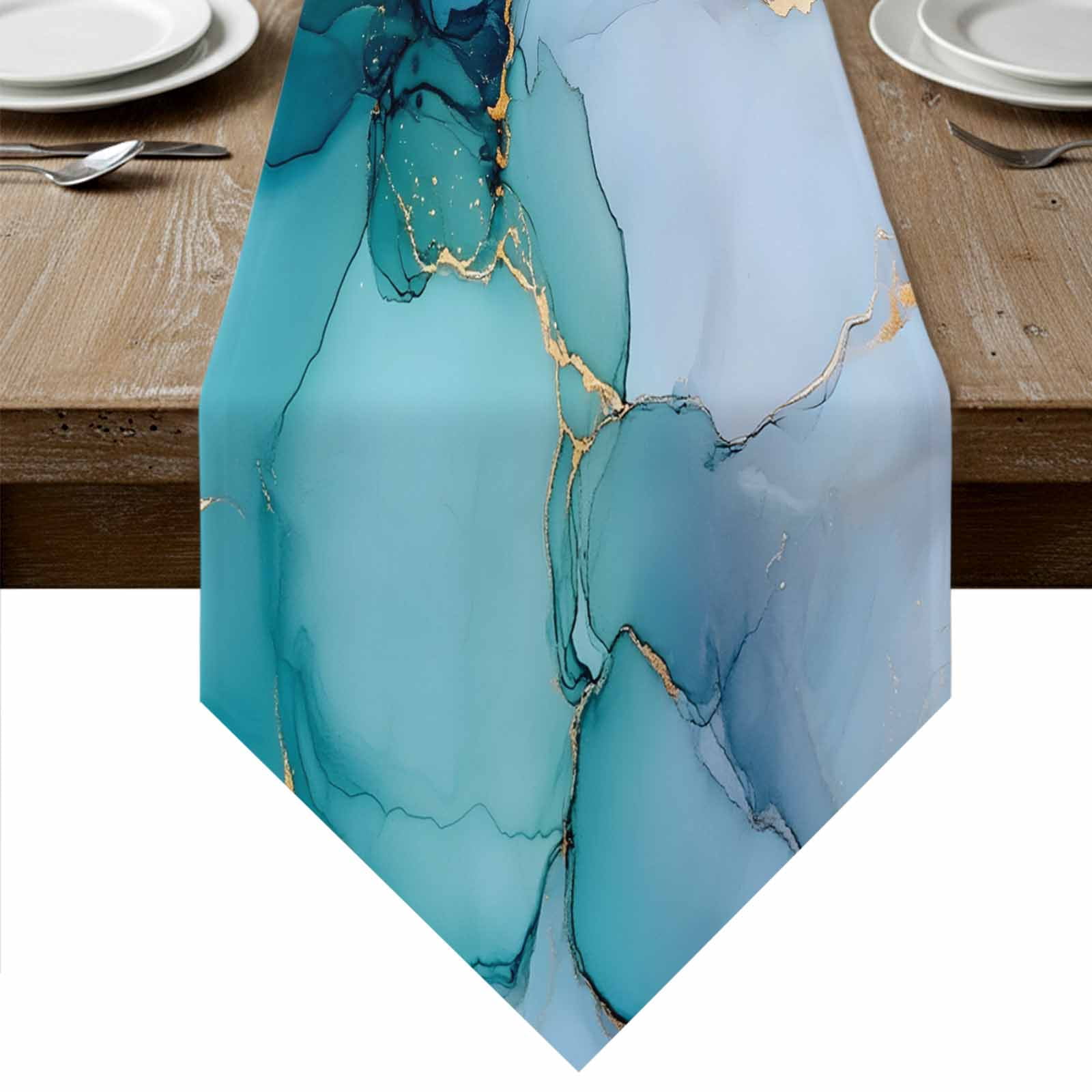 Teal Blue Marble Table Runner Linen Burlap Table Runner 36 Inches Small ...