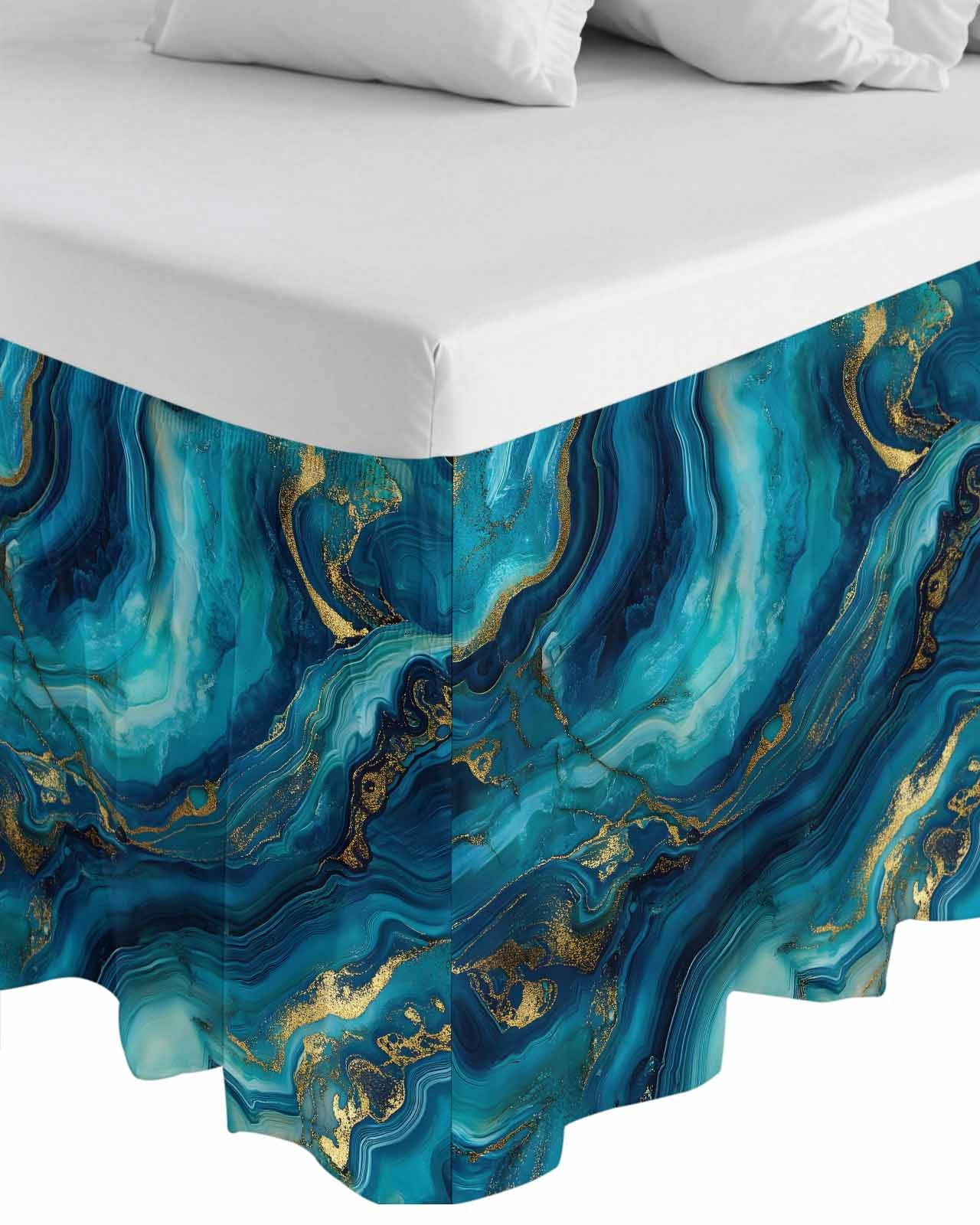 Teal Blue Marble Wrap Around Bed Skirts for King Bed 18" Drop,Bed Skirt ...