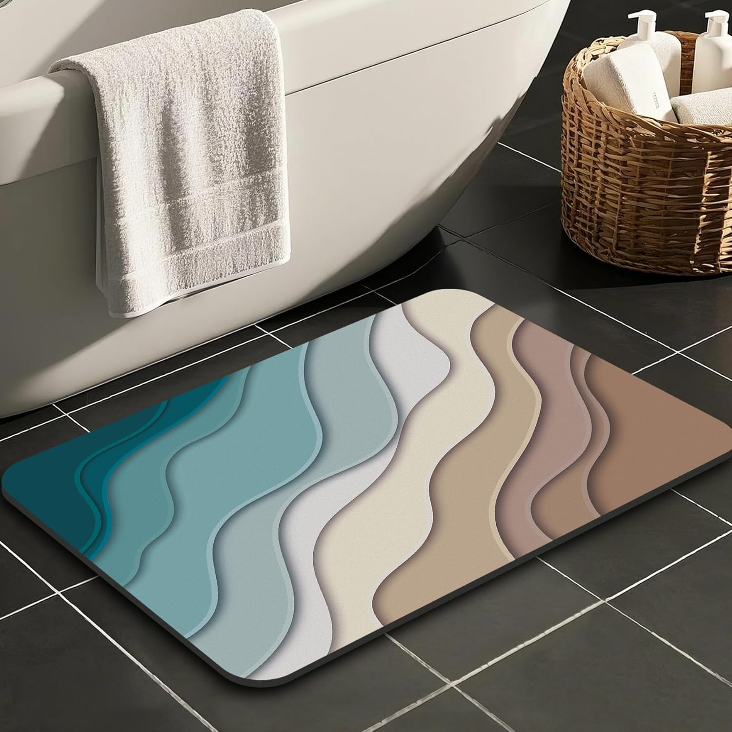 Teal Blue Modern Geometric Brown Abstract Ocean Wave Bathroom Rugs Mat ...