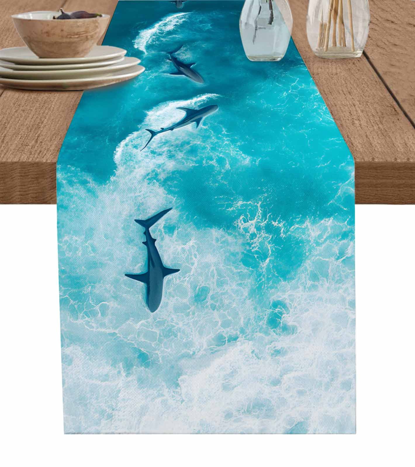 Teal Blue Ocean Shark Table Runner 72 Inches, Coastal Wave Summer Beach ...