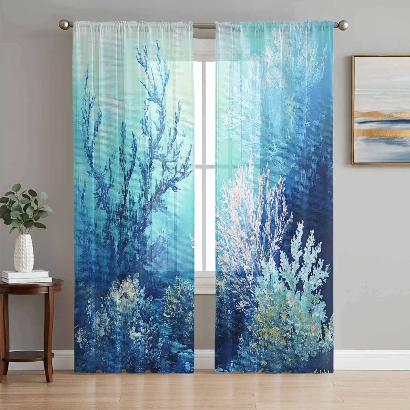Teal Blue Ocean Sheer Curtains 84 Inch Length 2 Panels Set, Summer ...