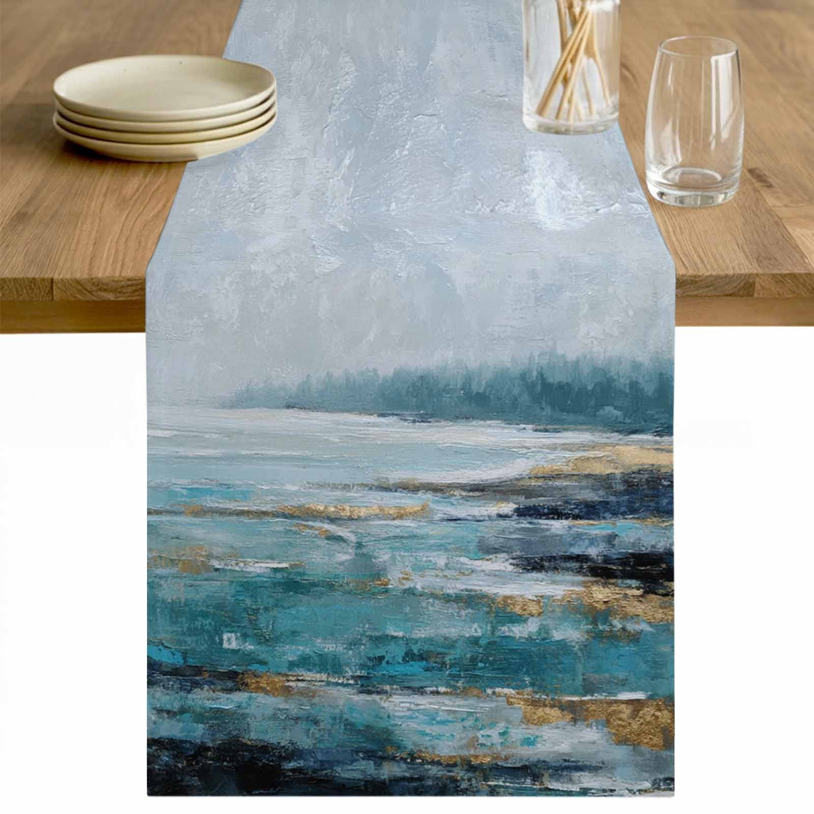 Teal Blue Oil Painting Table Runner - 90 Inch Long Retro Abstract Art ...