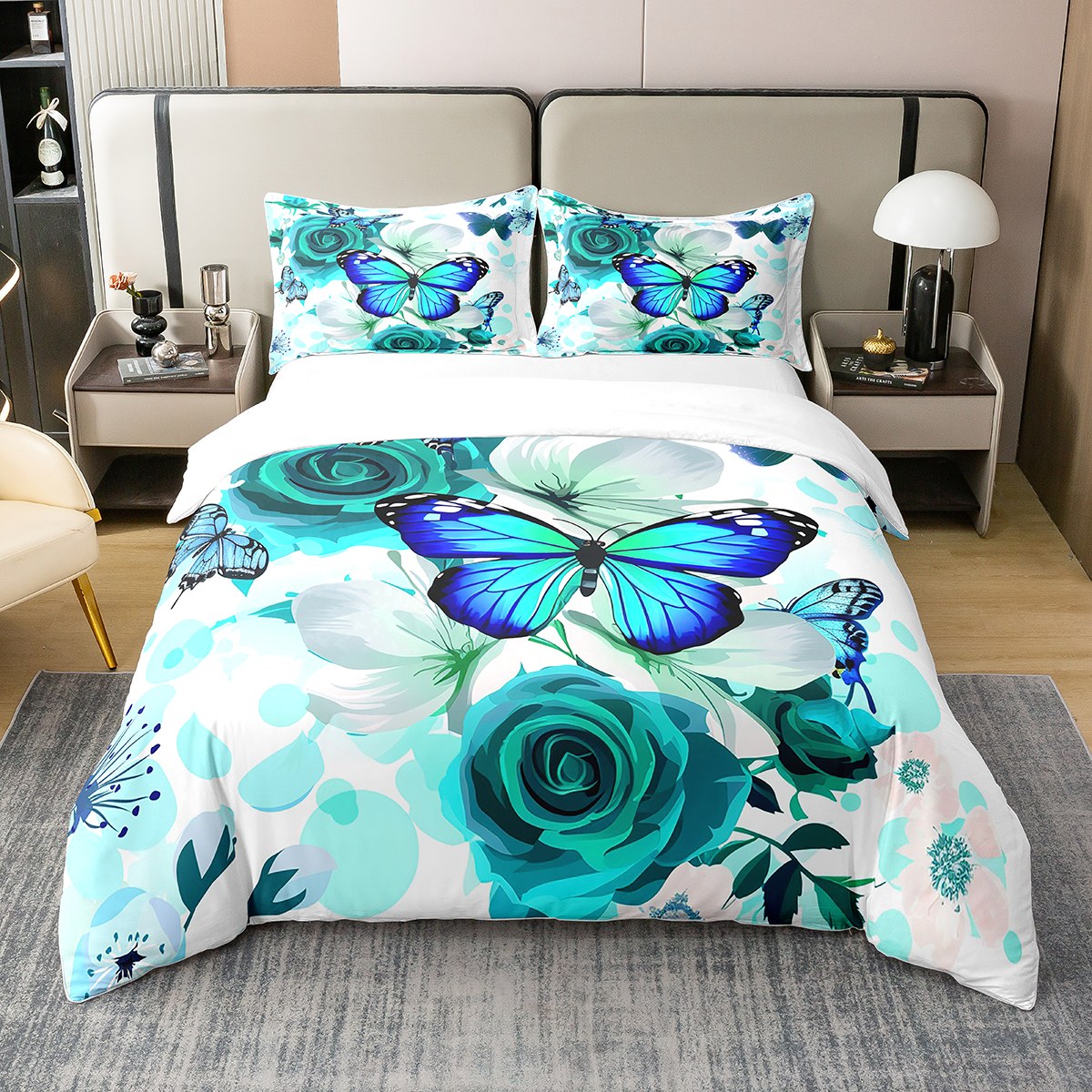 Teal Blue Ombre Butterfly Twin Duvet Cover Turquoise Rose Flower ...