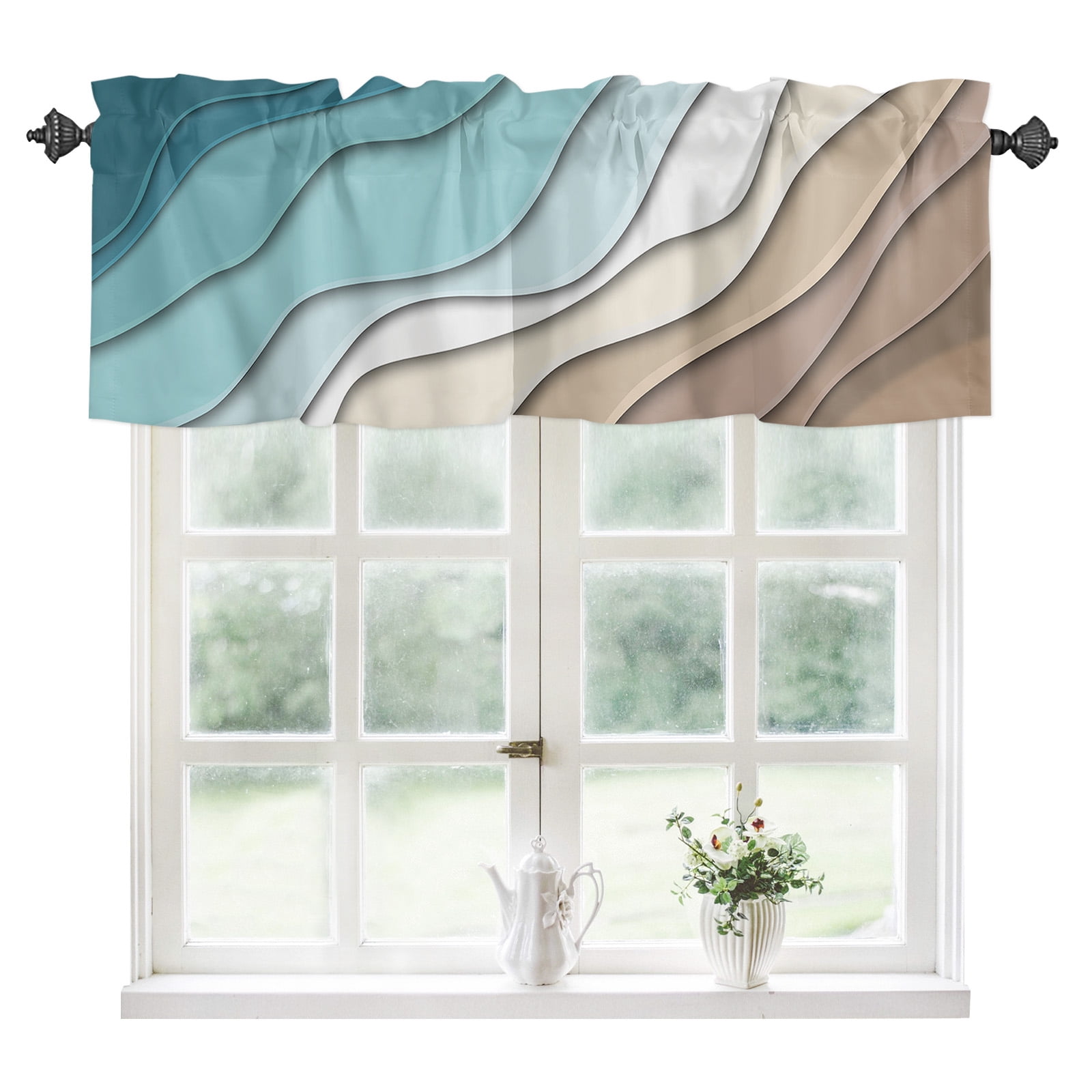 Teal Blue Ombre Cream Kitchen Valances for Windows 54x18 Inch Kitchen ...