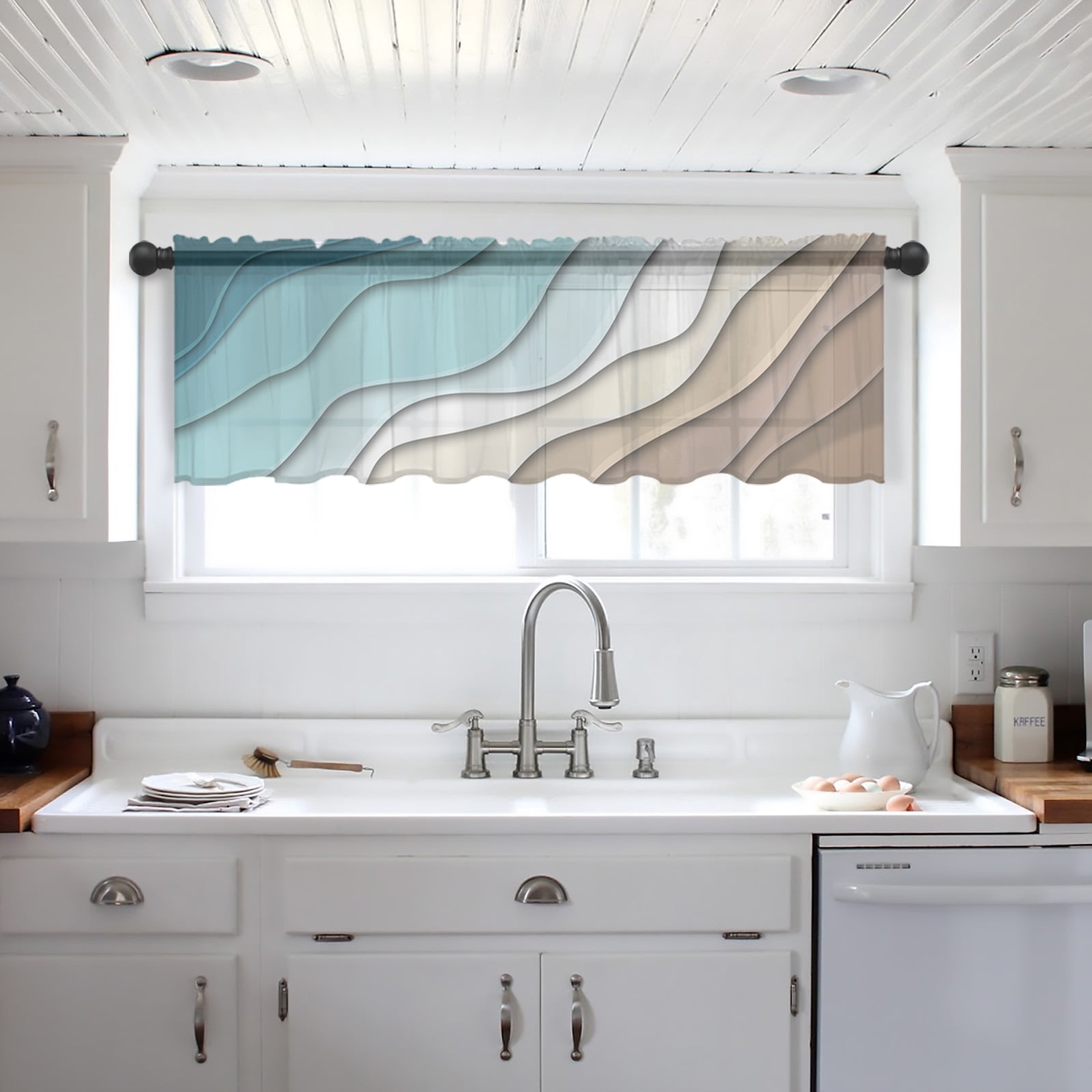 Teal Blue Ombre Cream Valance Curtains for Kitchen/Living Room/Bathroom ...