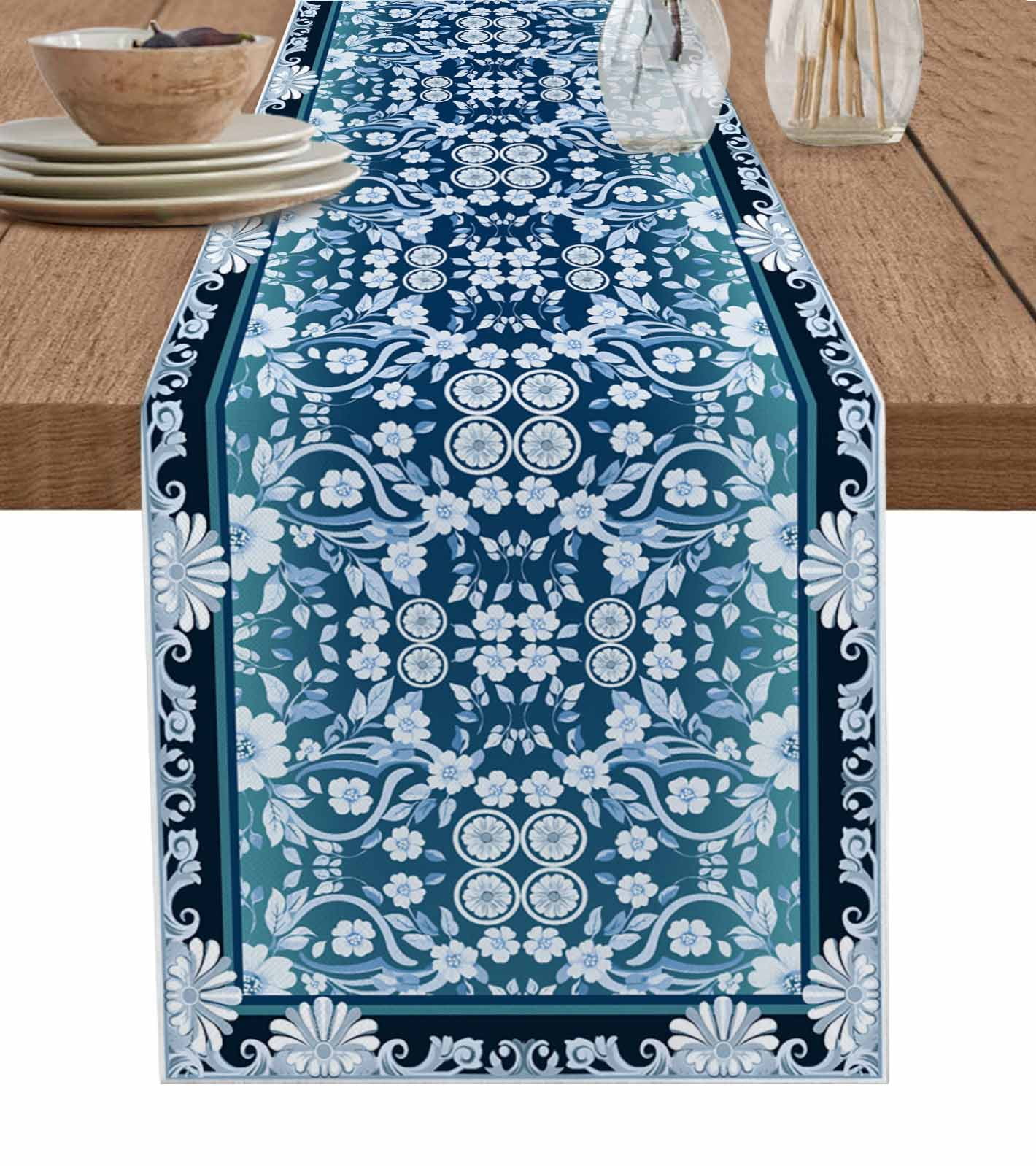 Teal Blue Ombre Flowers Table Runner 72 Inches, Rustic Vintage ...