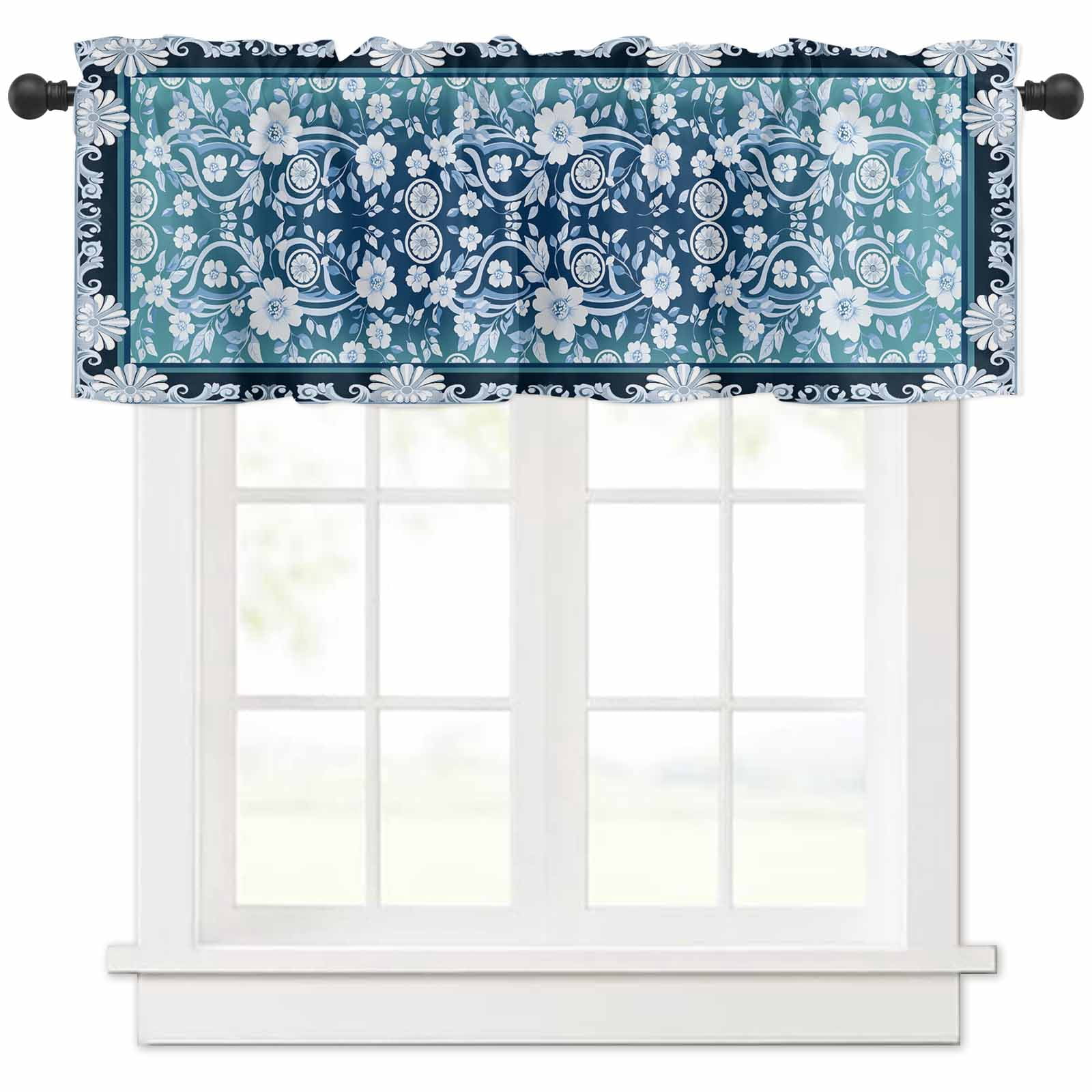 Teal Blue Ombre Flowers Valances for Windows Farmhouse Kitchen Curtains ...