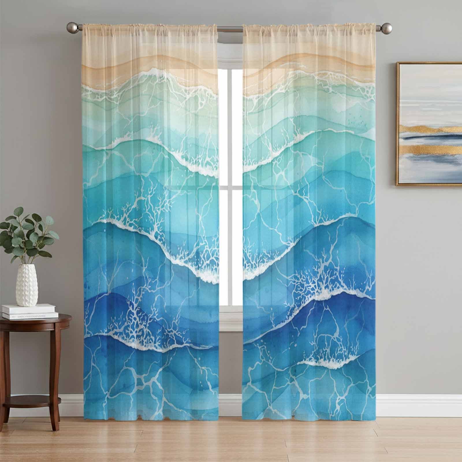 Teal Blue Ombre Sheer Curtains 108 Inch Length 2 Panels Set Window ...