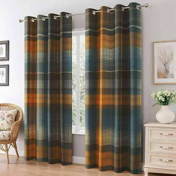 Teal Blue Orange Plaid Curtains for Living Room, Thermal Insulated ...