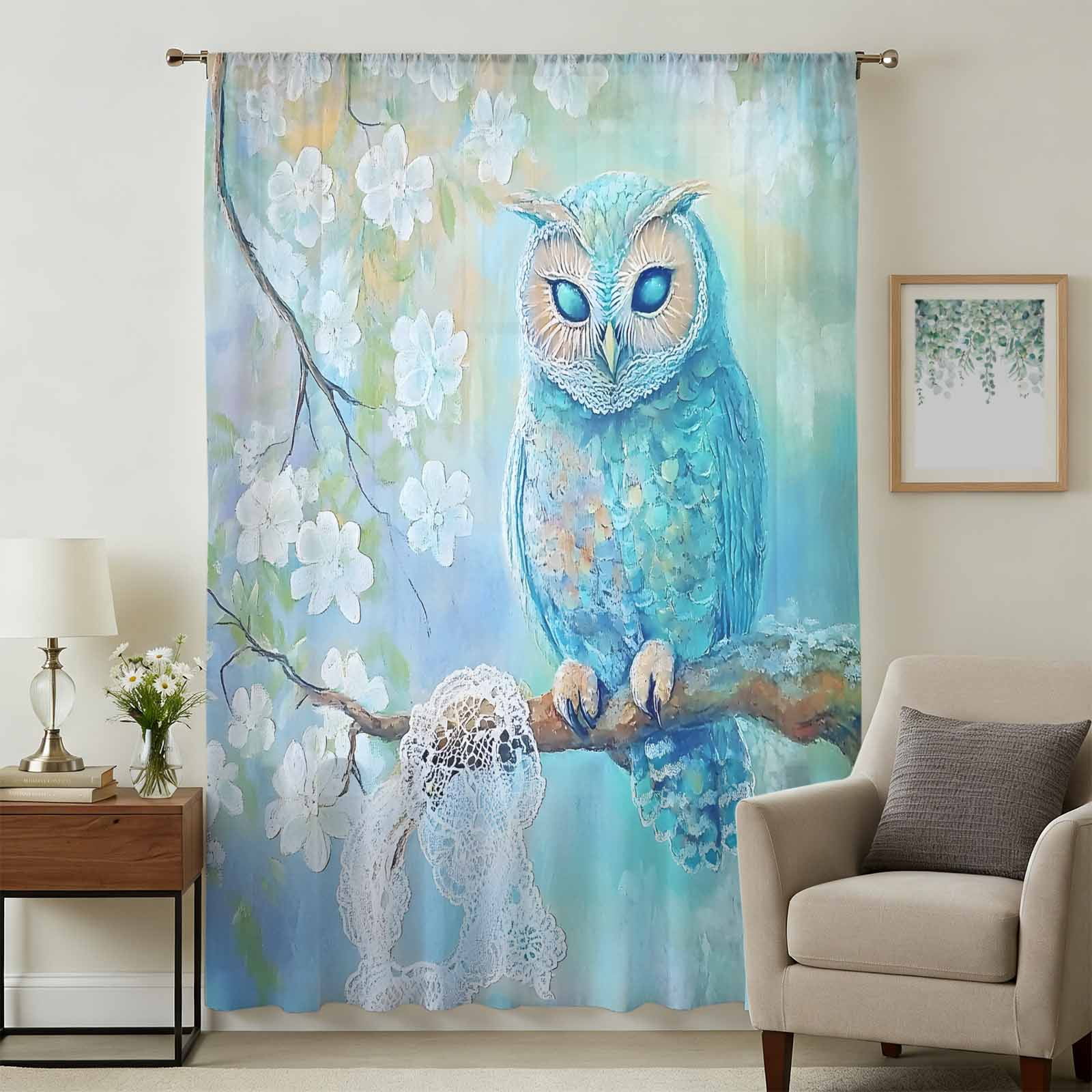 Teal Blue Owl Sheer Curtains 72 Inches Long, Modern Flowers Birds on ...