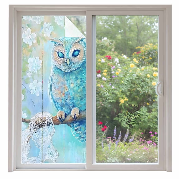 Teal Blue Owl Window Privacy Film, Modern Flowers Birds on Branch ...