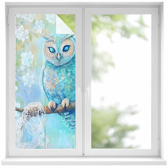 Teal Blue Owl Window Privacy Film, Modern Flowers Birds on Branch ...