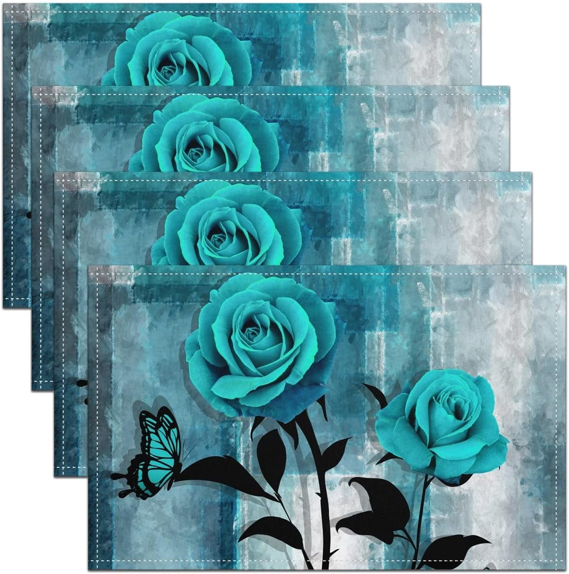 Teal Blue Placemats 12x18,Turquoise Ombre Rose Place Mats Set of 4 for ...