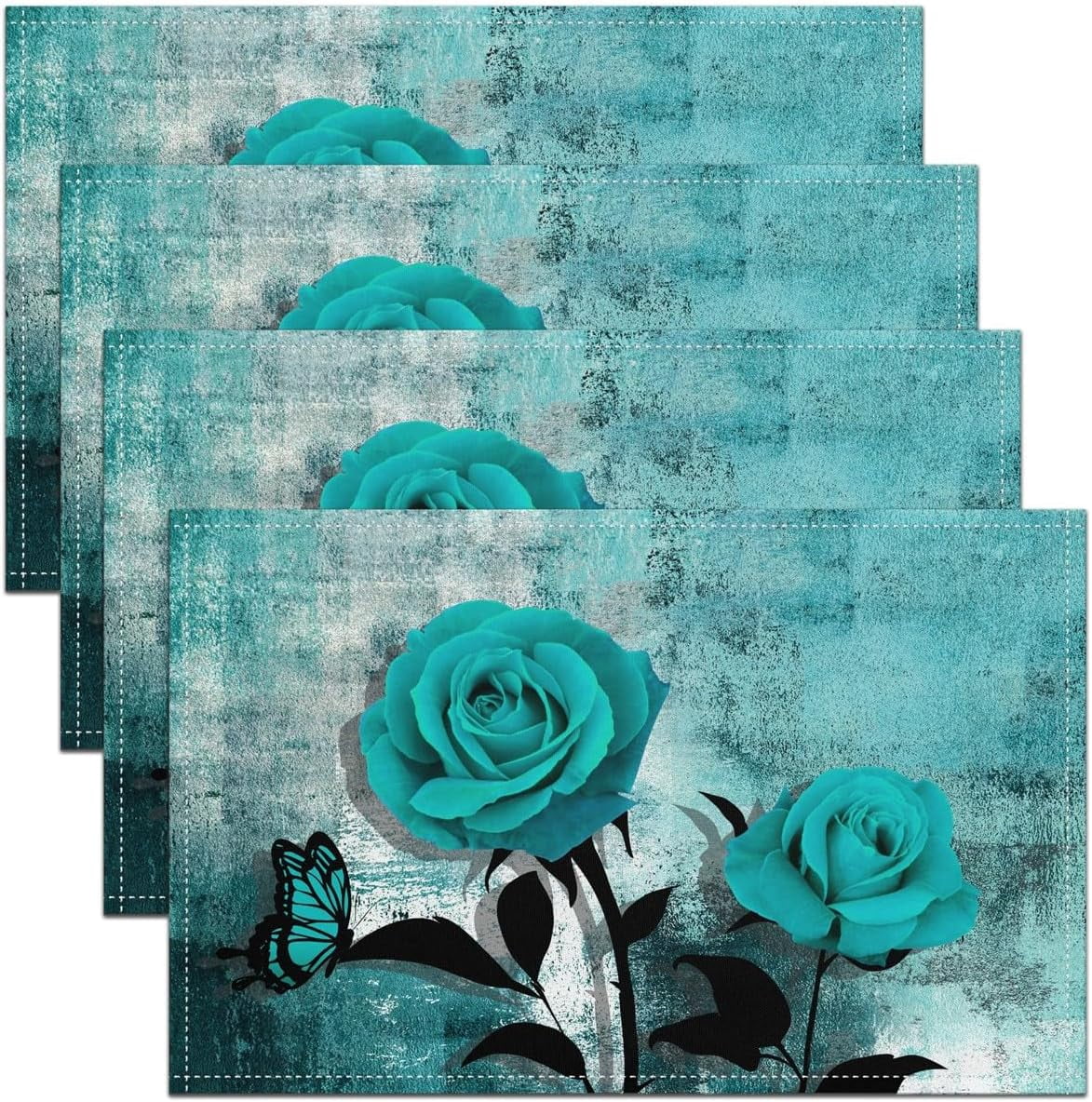 Teal Blue Placemats 12x18,Turquoise Ombre Rose Place Mats Set of 4 for ...