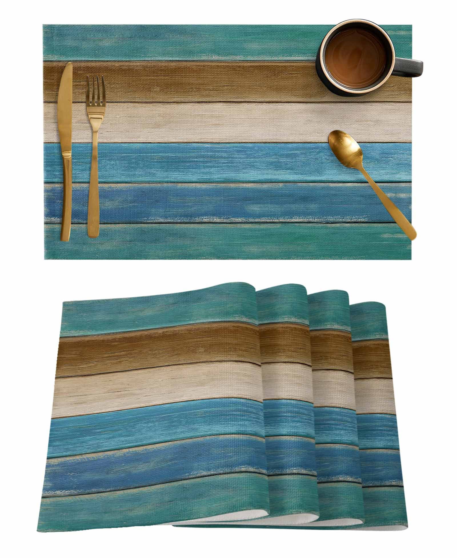 Teal Blue Placemats Set of 4 Brown Wooden Board Gradient Farmhouse ...
