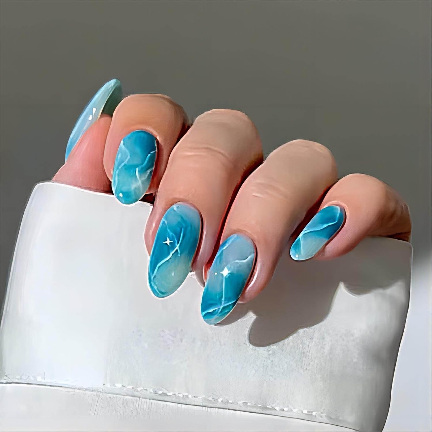 Teal Blue Press on Nails Medium Squoval Fake Nails with Marbled Design ...