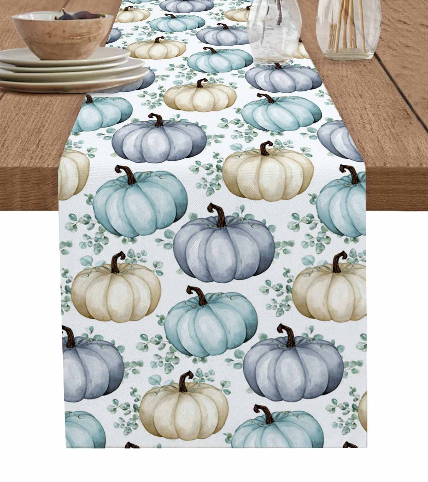 Teal Blue Pumpkin Table Runner 70 Inches, Thanksgiving Green Eucalyptus ...